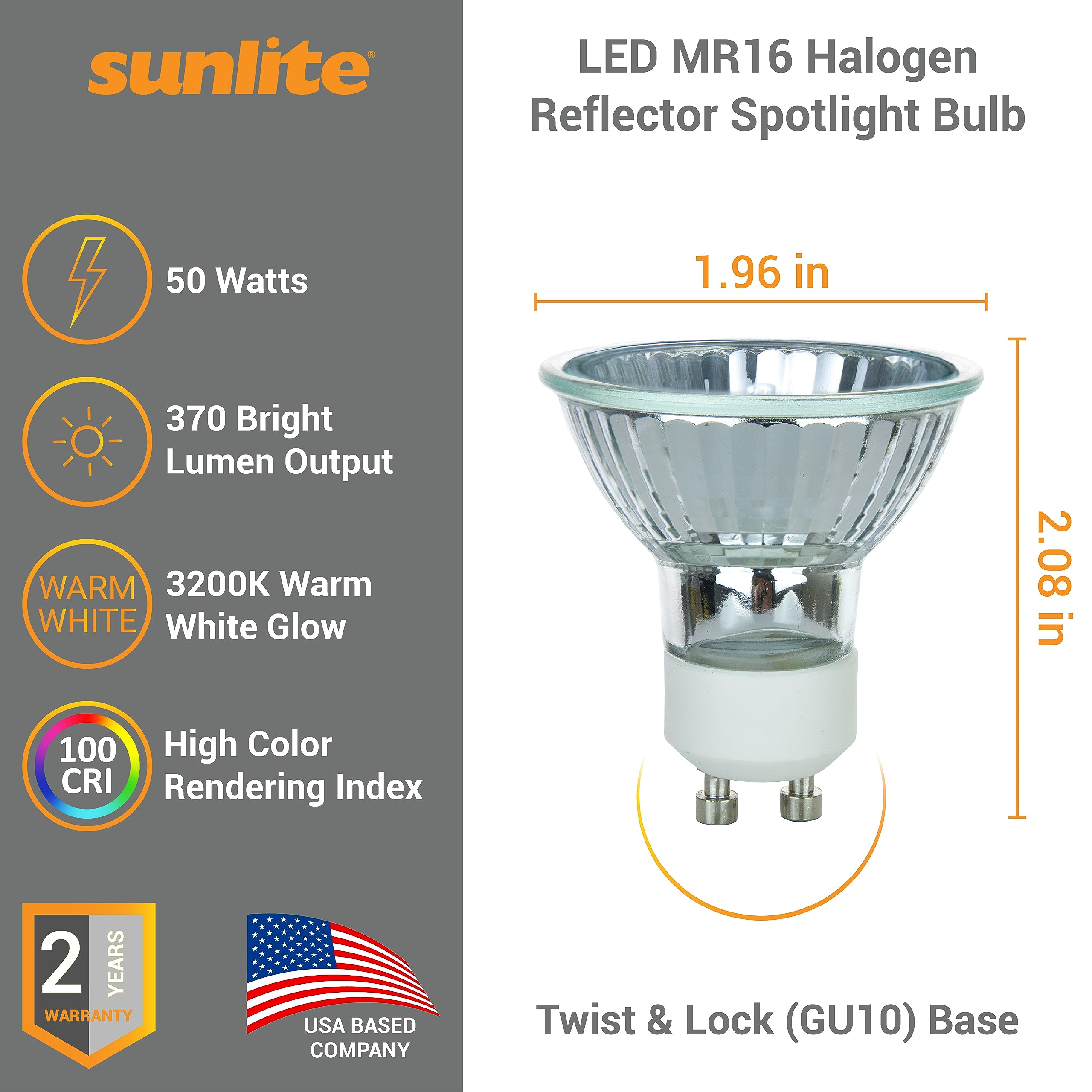Sunlite 40713 LED MR16 Halogen Reflector Spotlight Bulb, 50 Watts, 370 Lumen, 120 Volts, 38° Narrow Flood, 100 CRI, GU10 Twist & Lock Base, Cover Guard, Dimmable, 3200K Warm White, 6 Count