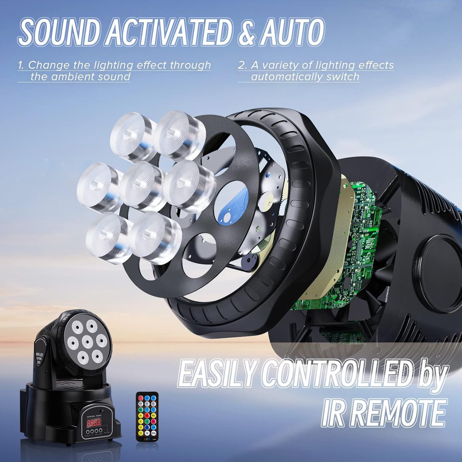 U`King Moving Head Light RGBW LED Stage Lighting Effect 7x10W Moving Heads Wash Lights by DMX and Remote Control with Professional Spotlight for DJ Disco Events Wedding Birthday Party Live Show Bar