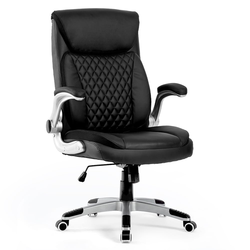Savourseat Big and Tall Office Chair Heavy Duty Executive Desk Chair with Flip-up Armrests, High Back, Wide Seat, Thick Padded, Strong Nylon Base, Smooth Wheels Ergonomic Office Chairs