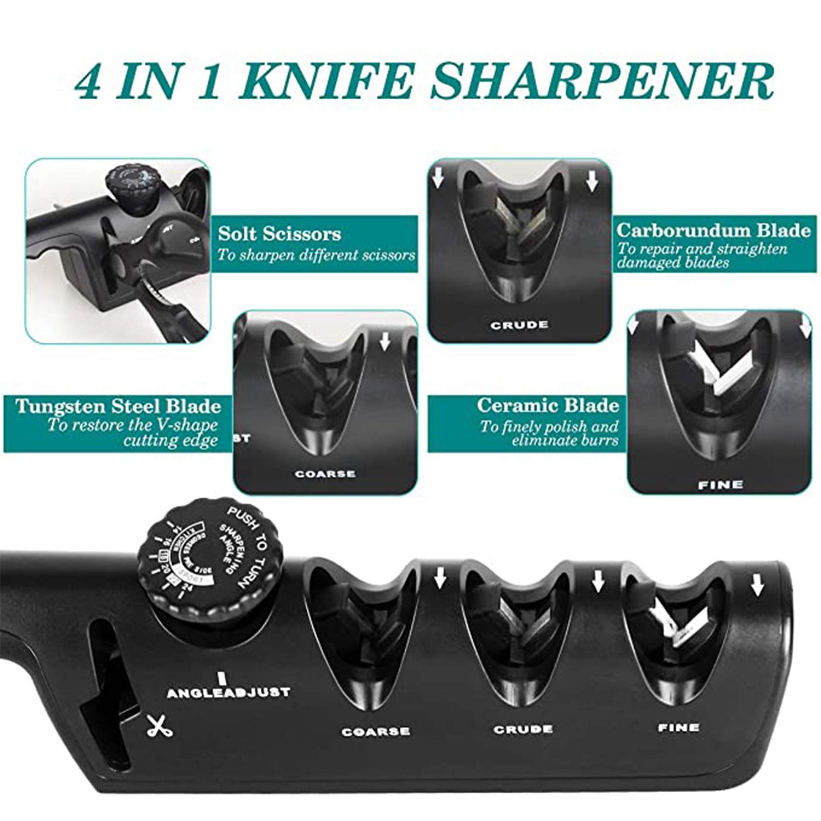 WUIO Knife Sharpener, Kitchen Professional 4 in 1 Blade Sharpening Tool Tungsten Steel Diamond Ceramic Sharpen Polish & Grind Knife Sharp