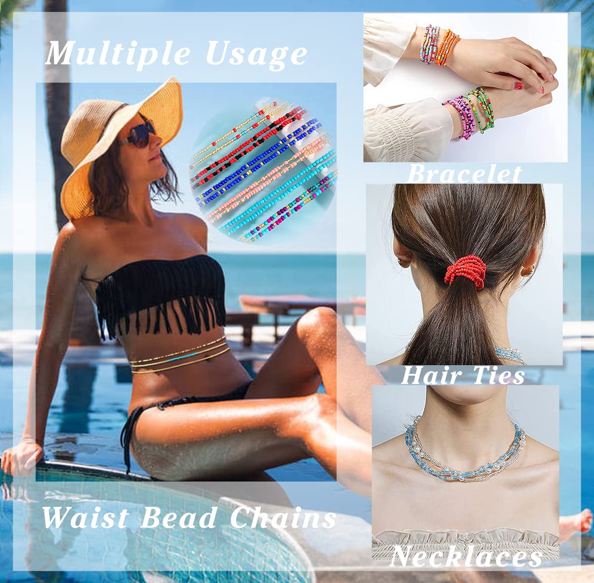 ZNBOH 32 PCS Waist Bead Chains for Women Colorful Summer Body Chains Belly Beads Bikini Jewelry Chains Bead Waist Chains Set