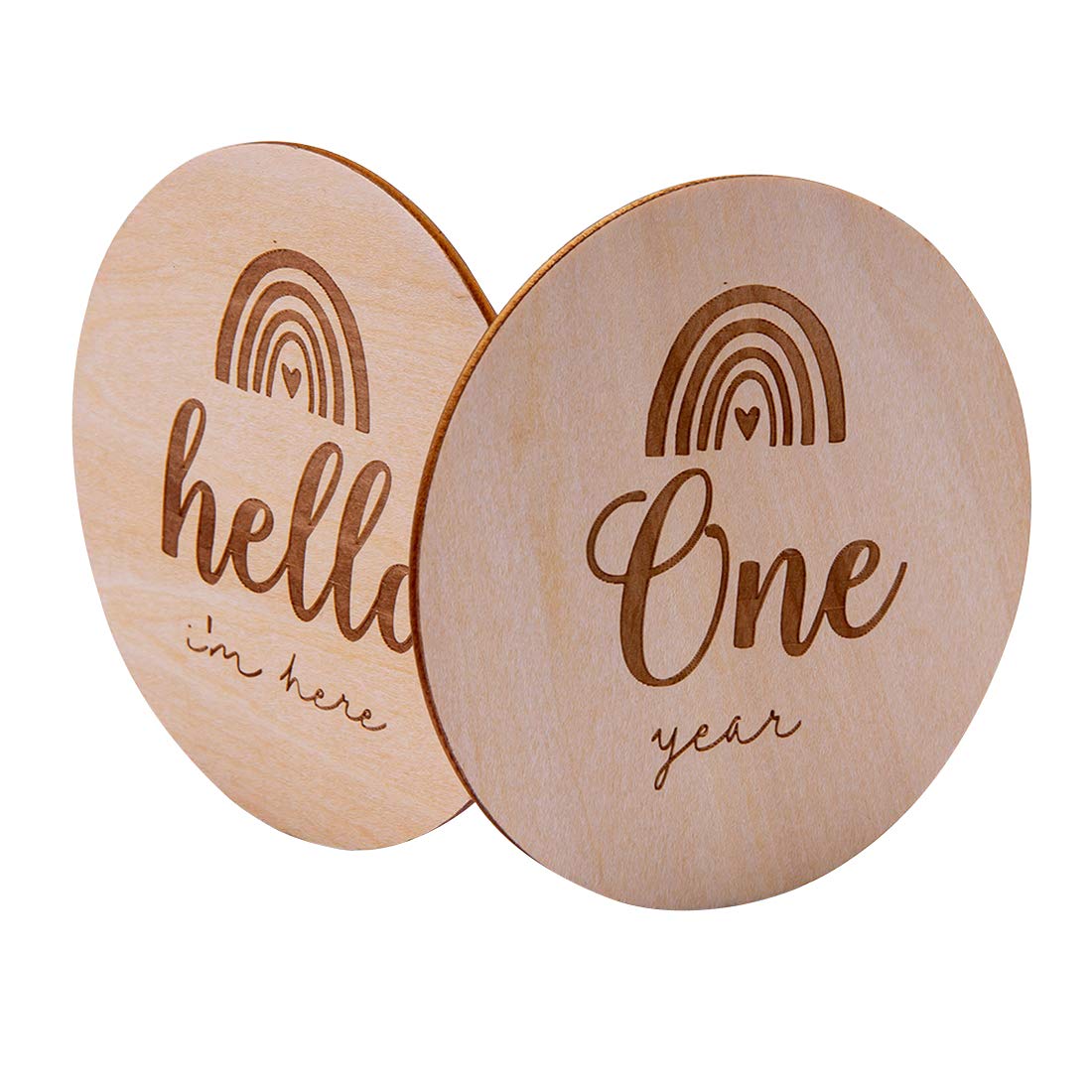 Wooden Baby Monthly Milestone, Double Sided Discs Round Wooden Milestone Baby Milestone Includes 14 Cards with Drawstring Bag (Rainbow Cards)