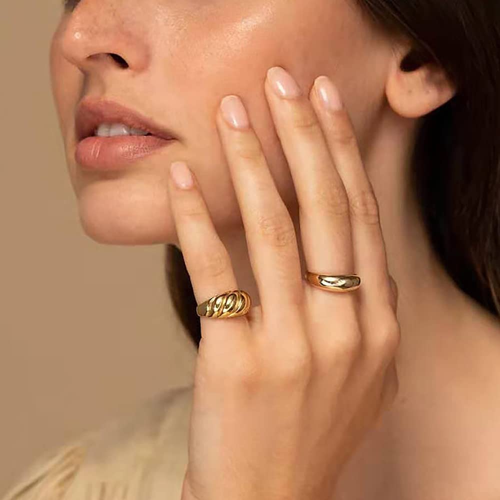 ZNBOH 8PCS Thick Dome Chunky Rings for Women 18K Gold Plated Braided Twisted Signet Ring Chunky Gold Ring Set Minimalist Statement Ring Jewelry Size 6-9