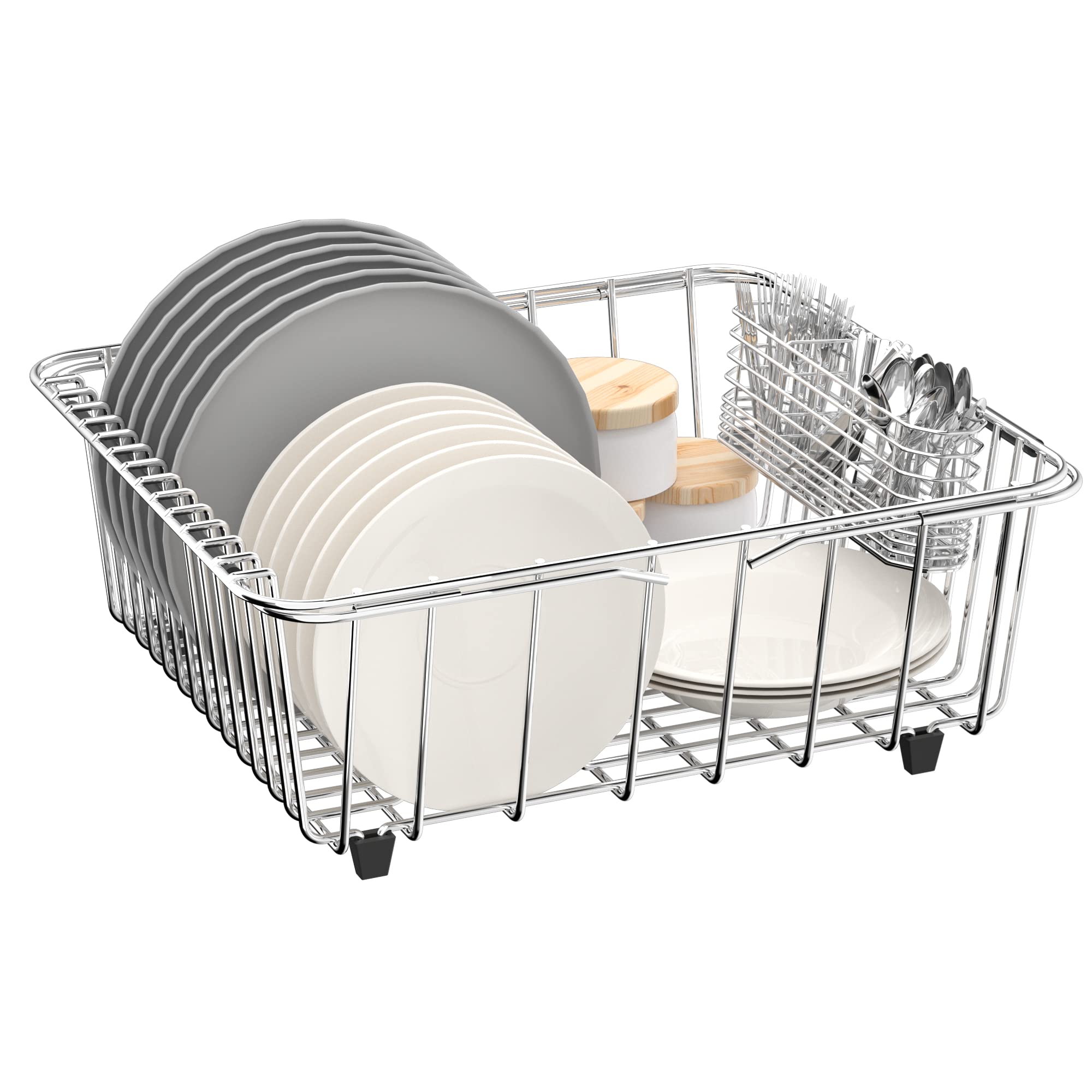 Sink Dish Drying Rack, 304 Stainless Steel Rustproof Expandable Dish Drainer Organizer with Stainless Steel Silverware Holder Over Inside Sink-Adjustable 14.96" to 20.59" (Maximium 13 Upright Dishes )