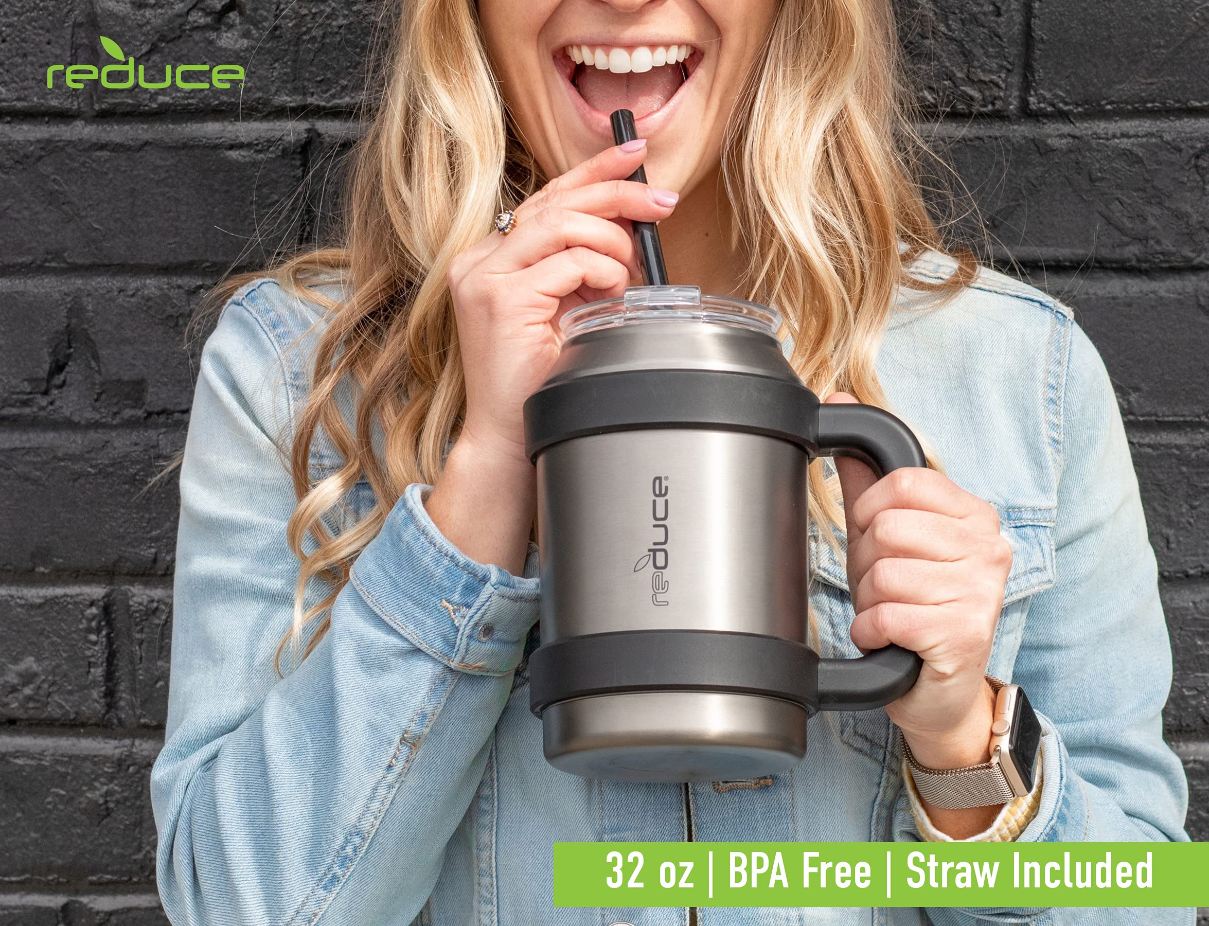 Reduce 32 oz Mug Tumbler, Stainless Steel with Handle - Keeps Drinks Cold up to 30 Hours - Sweat Proof, Dishwasher Safe, BPA Free - Dark Web, Opaque Gloss