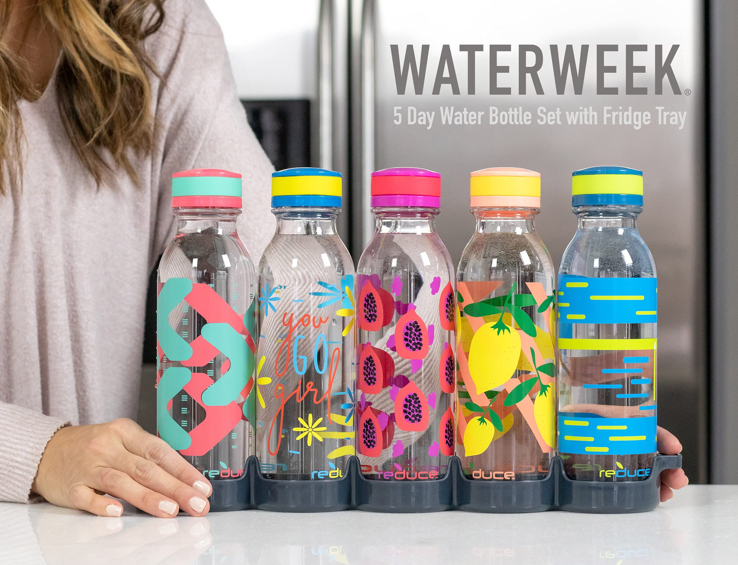 Reduce WaterWeek Reusable Water Bottle Set, 20oz β Plastic Reusable Water Bottle Set of 5, Plus Fridge Tray β BPA-Free, Leak Proof Twist Off Cap β Bliss
