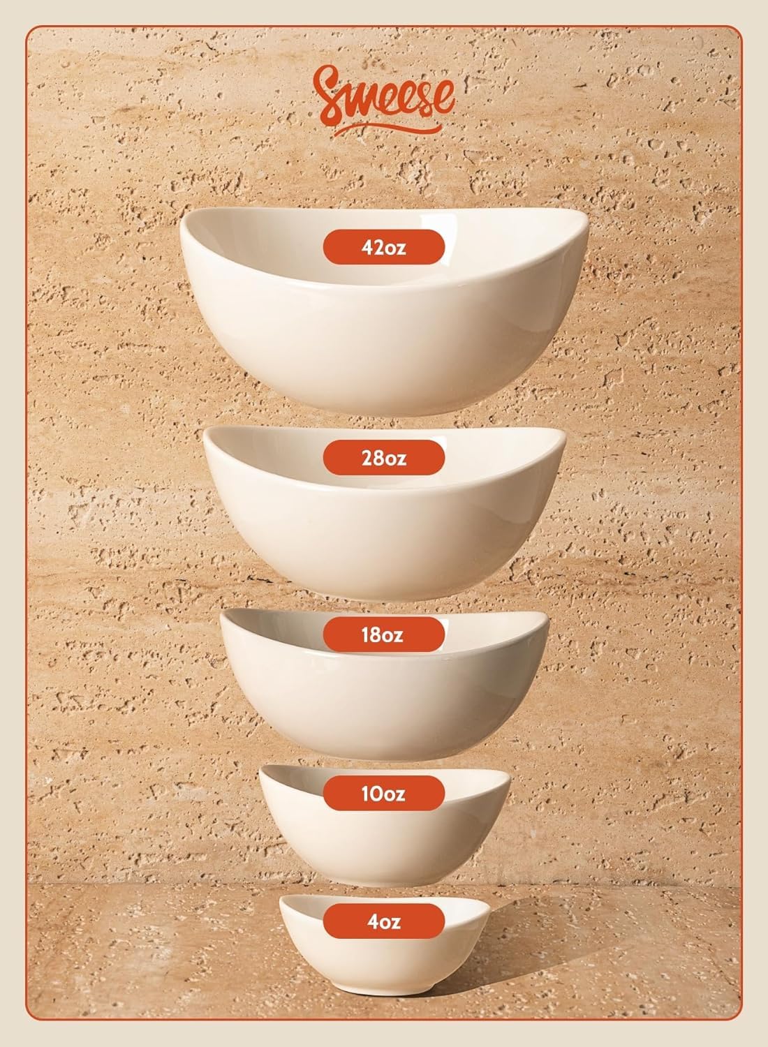 Sweese 28 oz Porcelain Bowls Set of 4 - for Salad, Pasta, Cereal - Microwave, Dishwasher and Oven Safe - White - 103.401