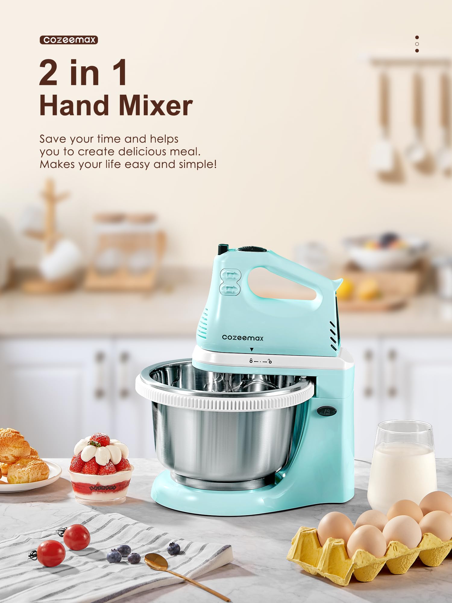 Stand Mixer, Cozeemax 8 Speeds Electric Dough Mixer with 5Qaurt Stainless Steel Bowl and Splash Guard, Kitchen Mixer - Includes Beater, Dough Hook & Whisk