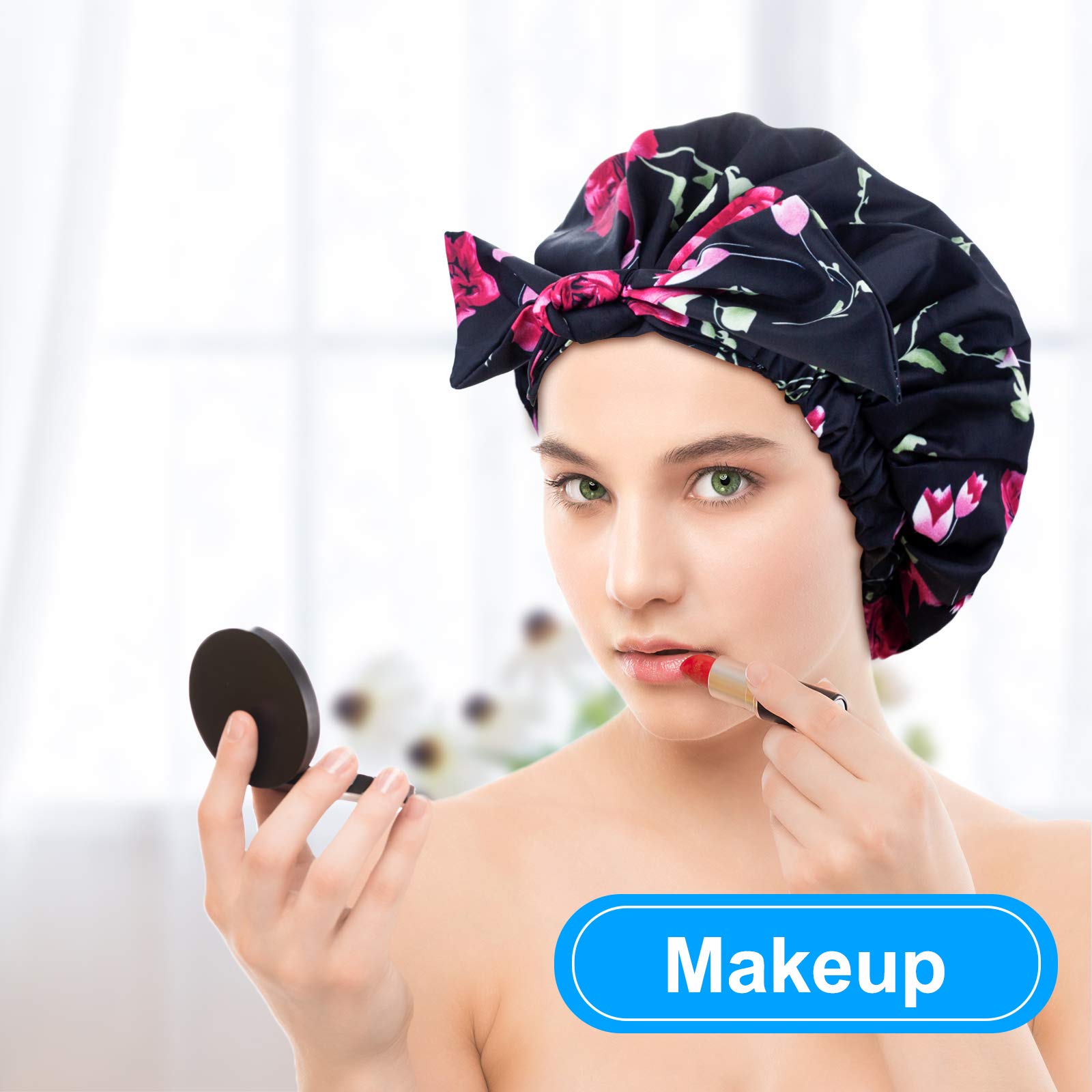 Reusable Shower Cap for Women Long Hair, Waterproof Large Shower Caps Adjustable, Washable, Breathable