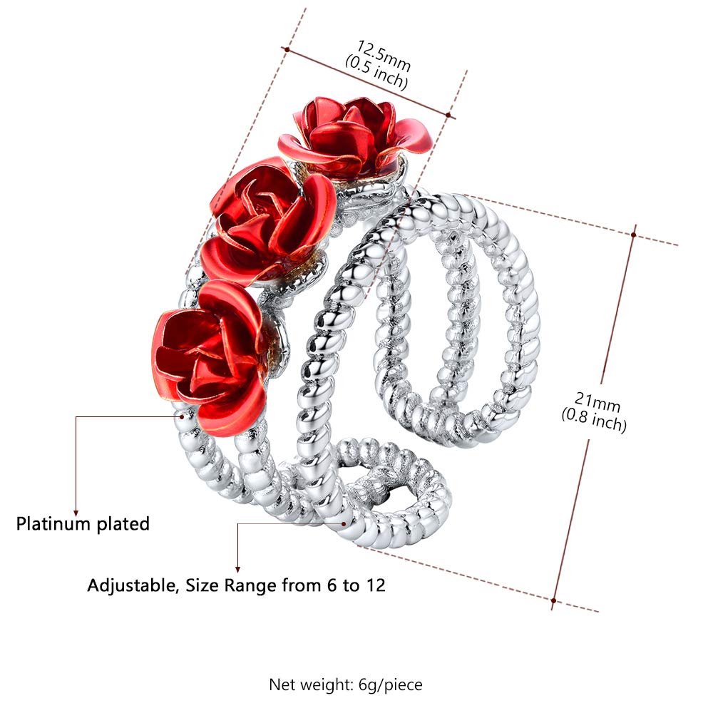 U7 Platinum Silver Statement Ring for Women, 3-Row Band Stacking Red Rose Flower Ring Cocktail Party Jewelry