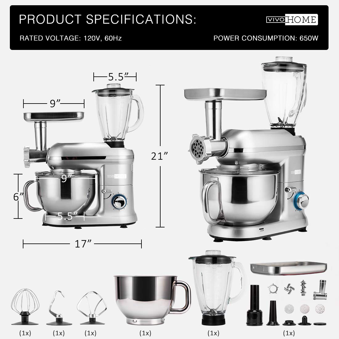 VIVOHOME 3 in 1 Multifunctional Stand Mixer with 6 Quart Stainless Steel Bowl, 650W 6 Speed Tilt-Head Meat Grinder, Juice Blender, Silver