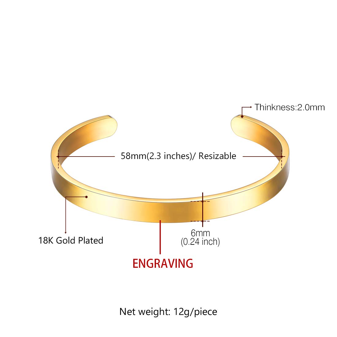 U7 Simple Cuff Bracelet 18K Gold 6mm Polished Men Women Bracelet Bangle (Diameter 2.3")