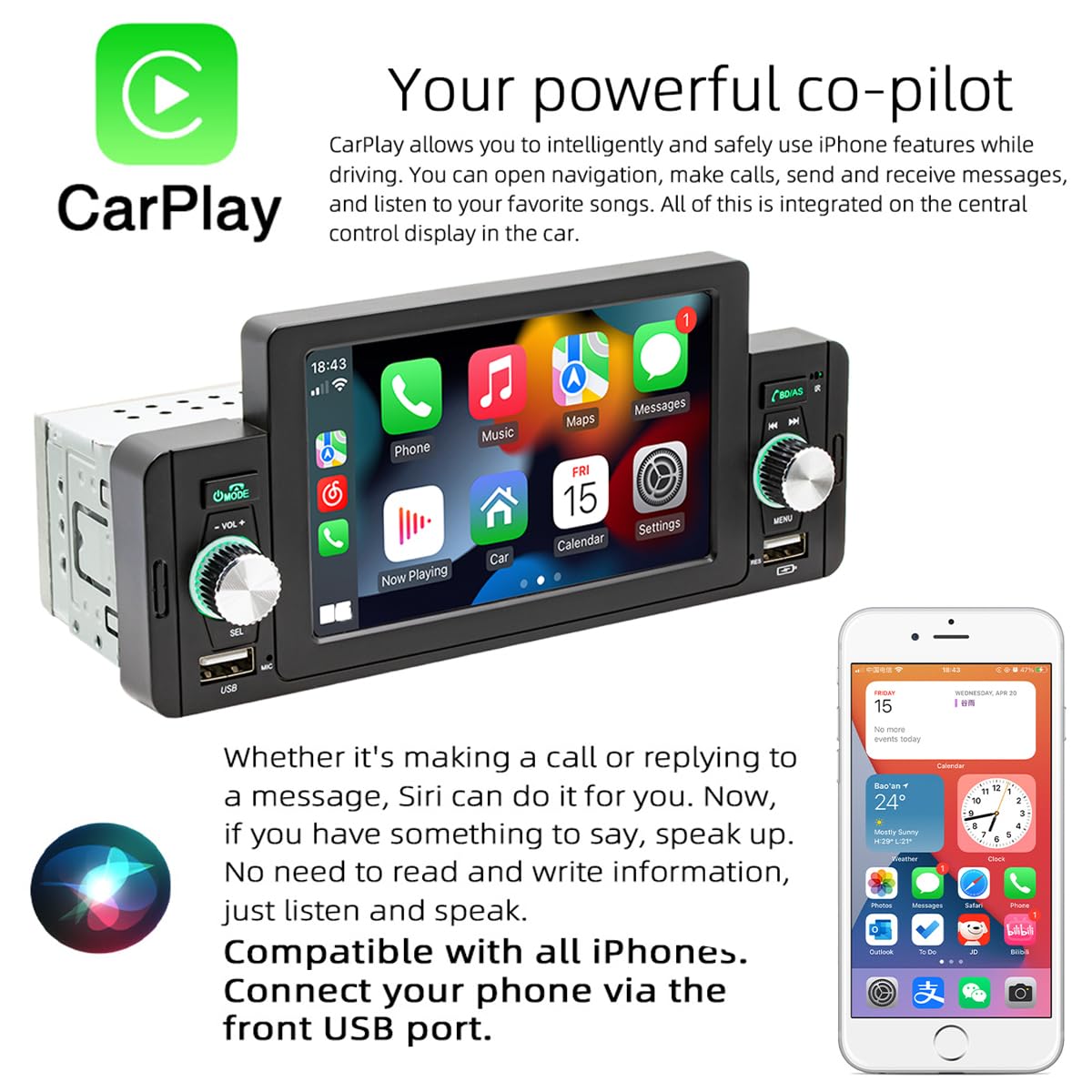 Single Din Car Stereo 5 Inch,for Apple Carplay & Android Auto Touchscreen Car Radio, with Mirror-Link,BT,FM,12 LED Backup Camera,USB Input Car Audio Video Playe
