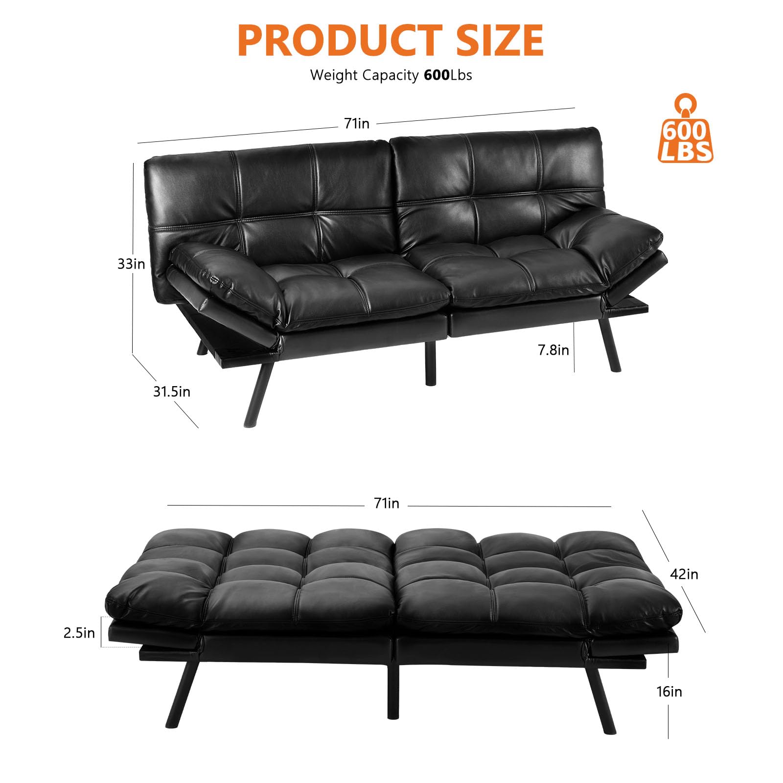 Sweetcrispy Futon Sofa Bed Sofá Cama para Sala Futon Couch Bed Sofas Sleeper, Modern Convertible Faux Leather Futon for Living Room, Small Loveseat for Apartment Office, Folding Adjustable Recliner