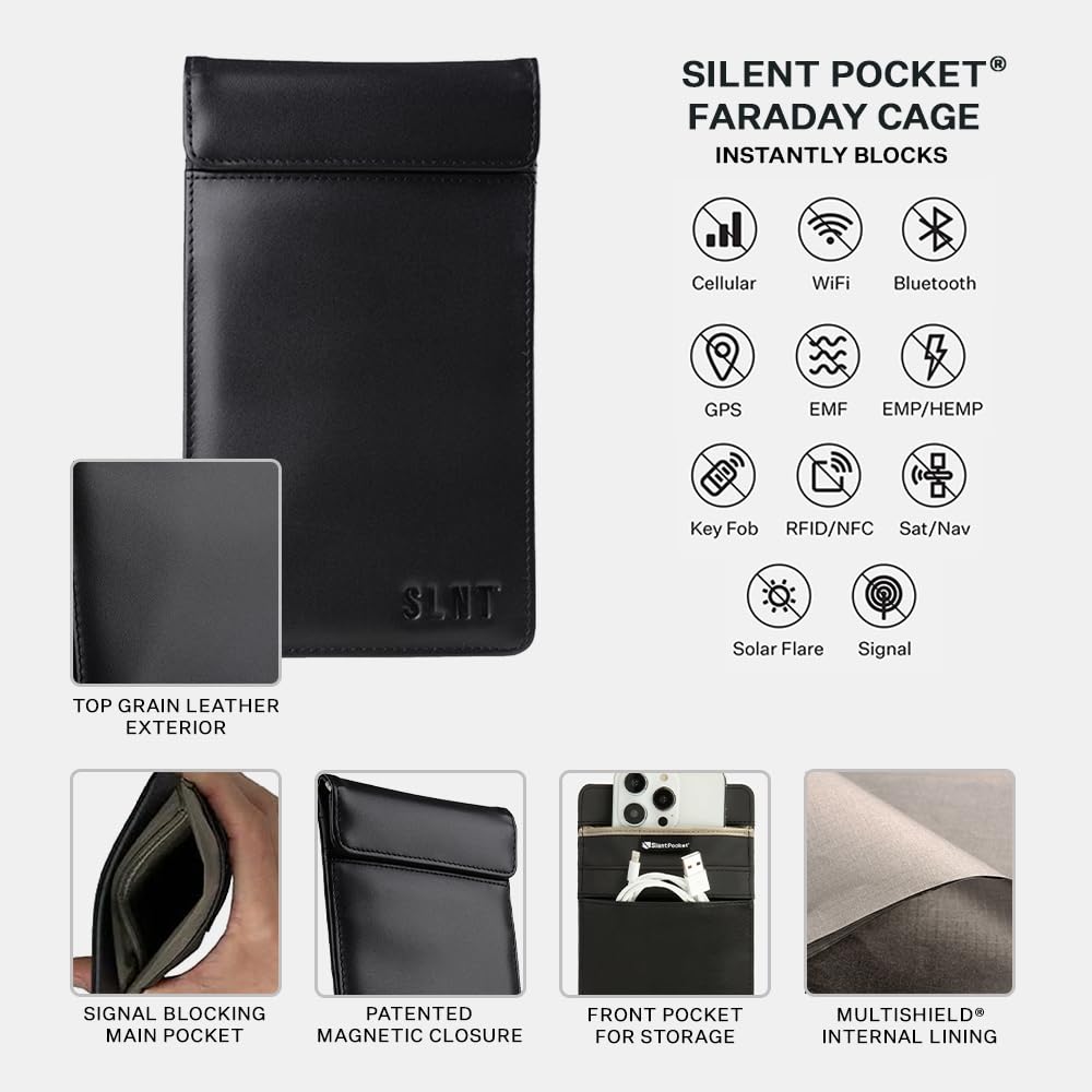 Silent Pocket SLNT Faraday Bag Smartphone Sleeve Leather or Weatherproof Nylon - Signal Blocking Device Shielding for iPhone, Samsung Galaxy, Most Phones, Anti-Hacking (Military Green, Medium)