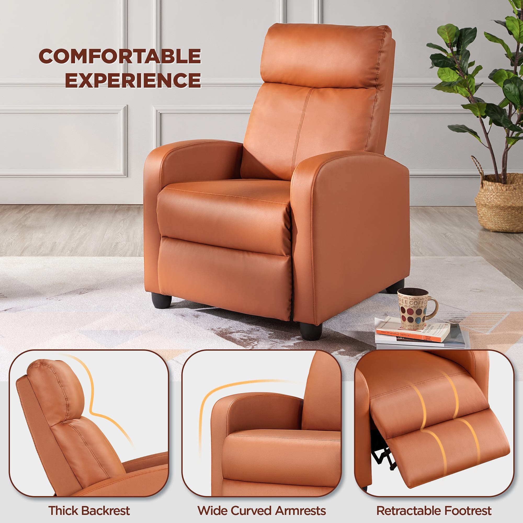 Yaheetech Recliner Chair PU Leather Recliner Sofa Home Theater Seating with Lumbar Support Overstuffed High-Density Sponge Push Tan Recliners