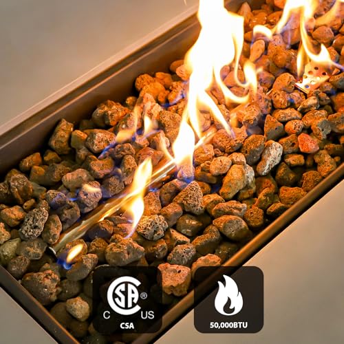 ReeQuo 60-inch Outdoor Propane Fire Pit Table Set - 2-Piece, 50,000 BTU, Concrete Large Rectangular Fire Table with Lid, Propane Tank Table, Lava Rocks, Rain Cover - Perfect Firepit for Outdoor Use