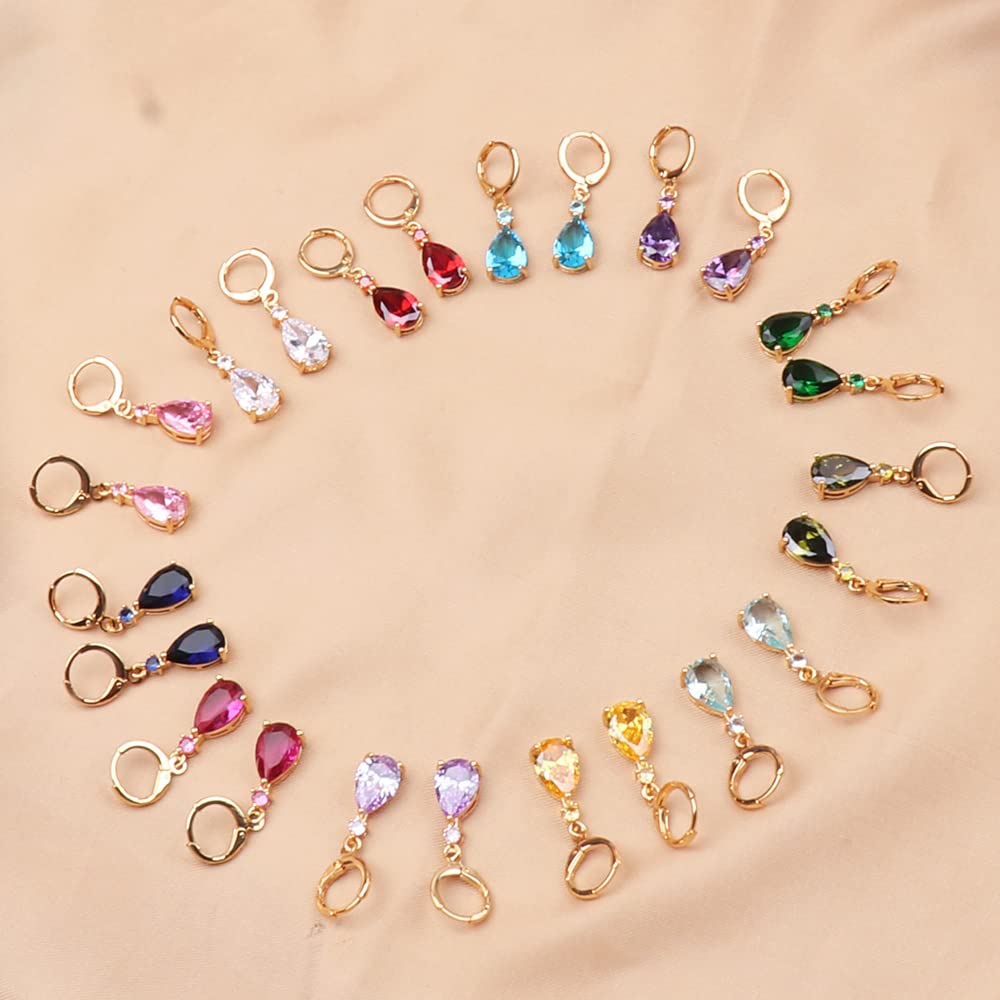 UEUC Birthstone Teardrop Dangle Earrings for Women, 14K Gold Plated Crystal Dangle Hypoallergenic Earring with Leverback(White)