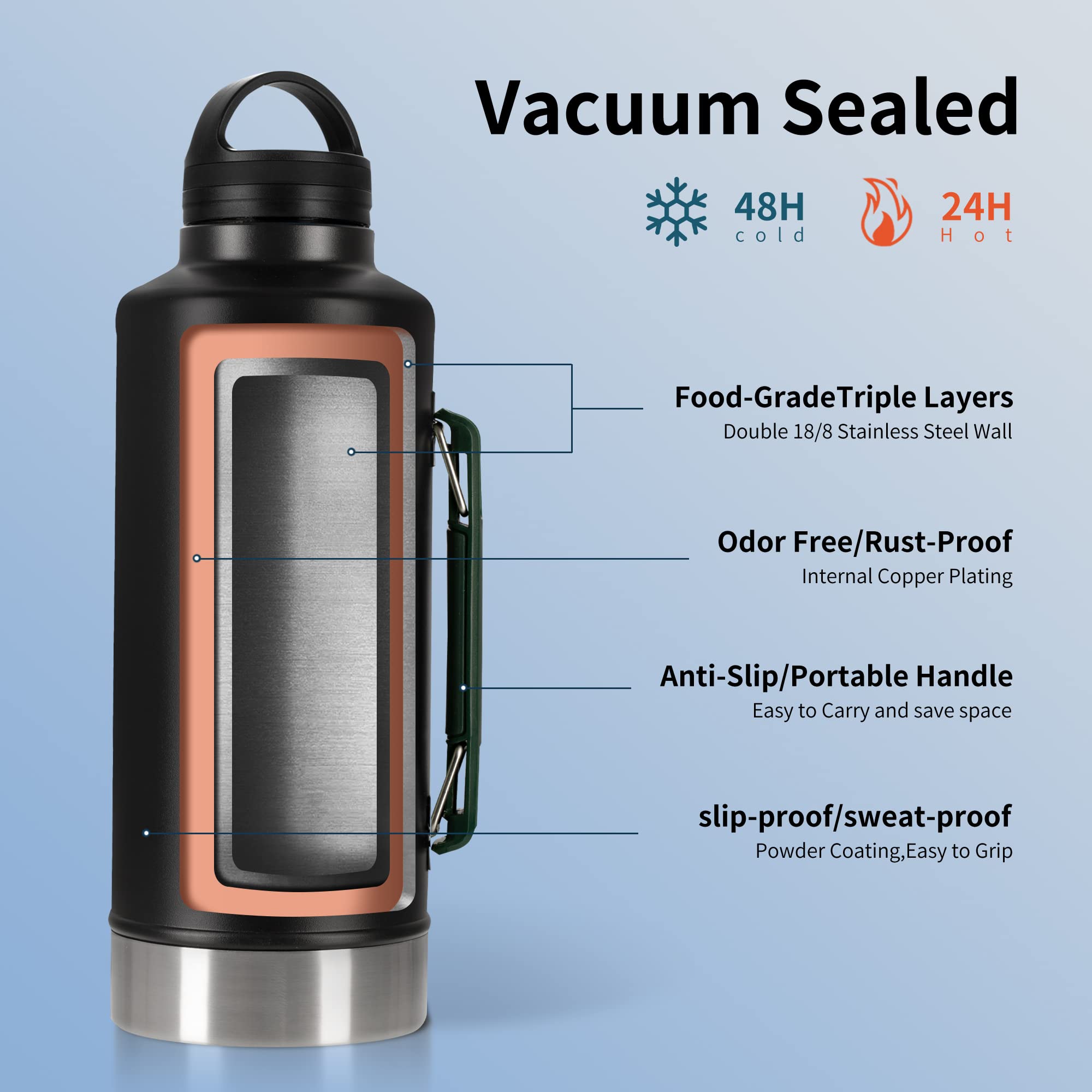 WAPEST Vacuum Insulated Water Bottle, Wide Mouth Stainless Steel Coffee Thermos for hot and cold drinks, Insulated Water jug with Spout Lid, Flex Cap and collapsible handle, Black