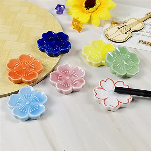 YAIKOAI Set of 7 Cherry Blossom Ceramic Chopsticks Rest Rack Forks Dinner Spoons Knives Stand Holder for Party Home Restaurant Dinnerware