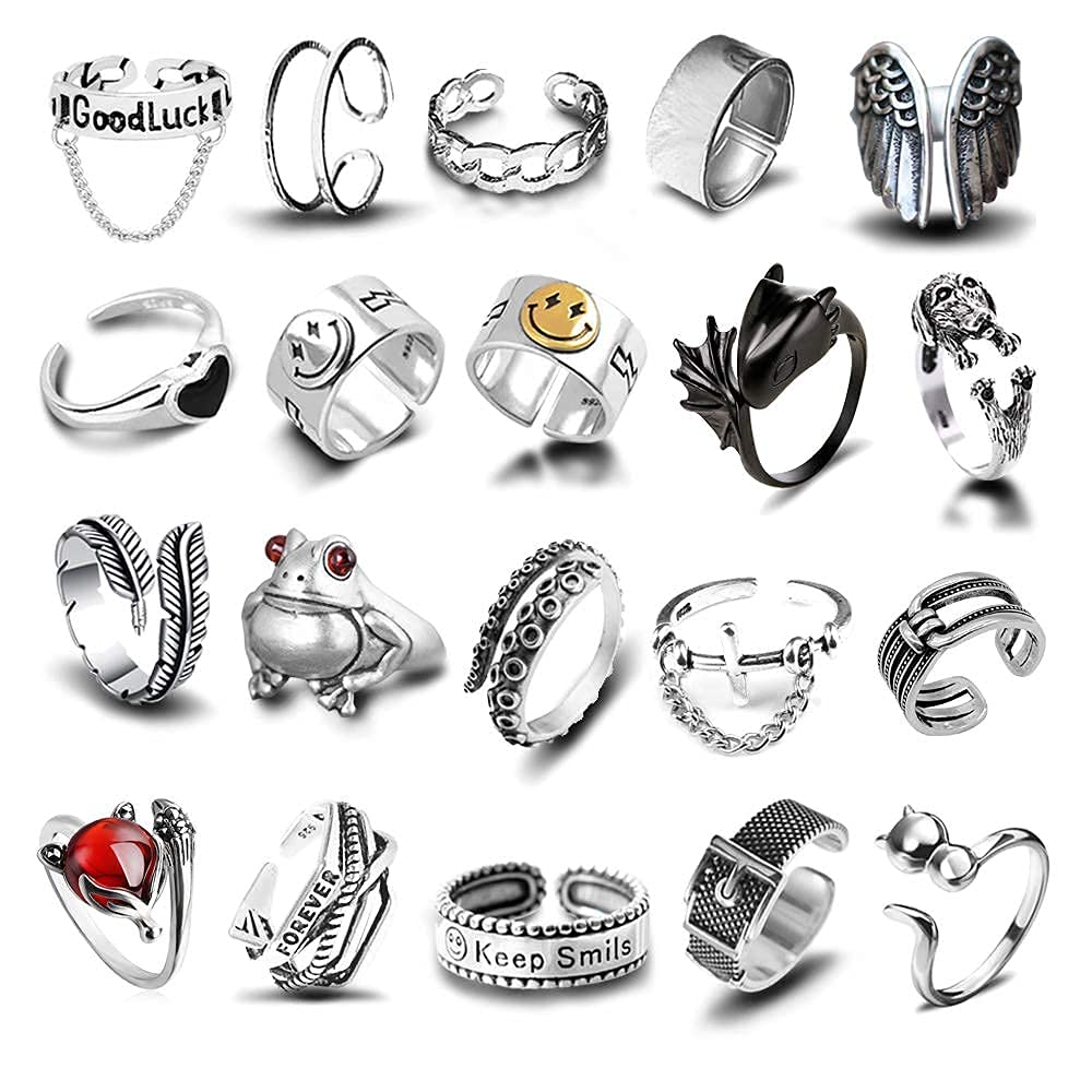 SUNNYOUTH 20 Pcs Open Rings Frog Leaf Chain Adjustable Ring for Women Men Girls Punk Vintage Gothic Stackable Ring Jewelry Set