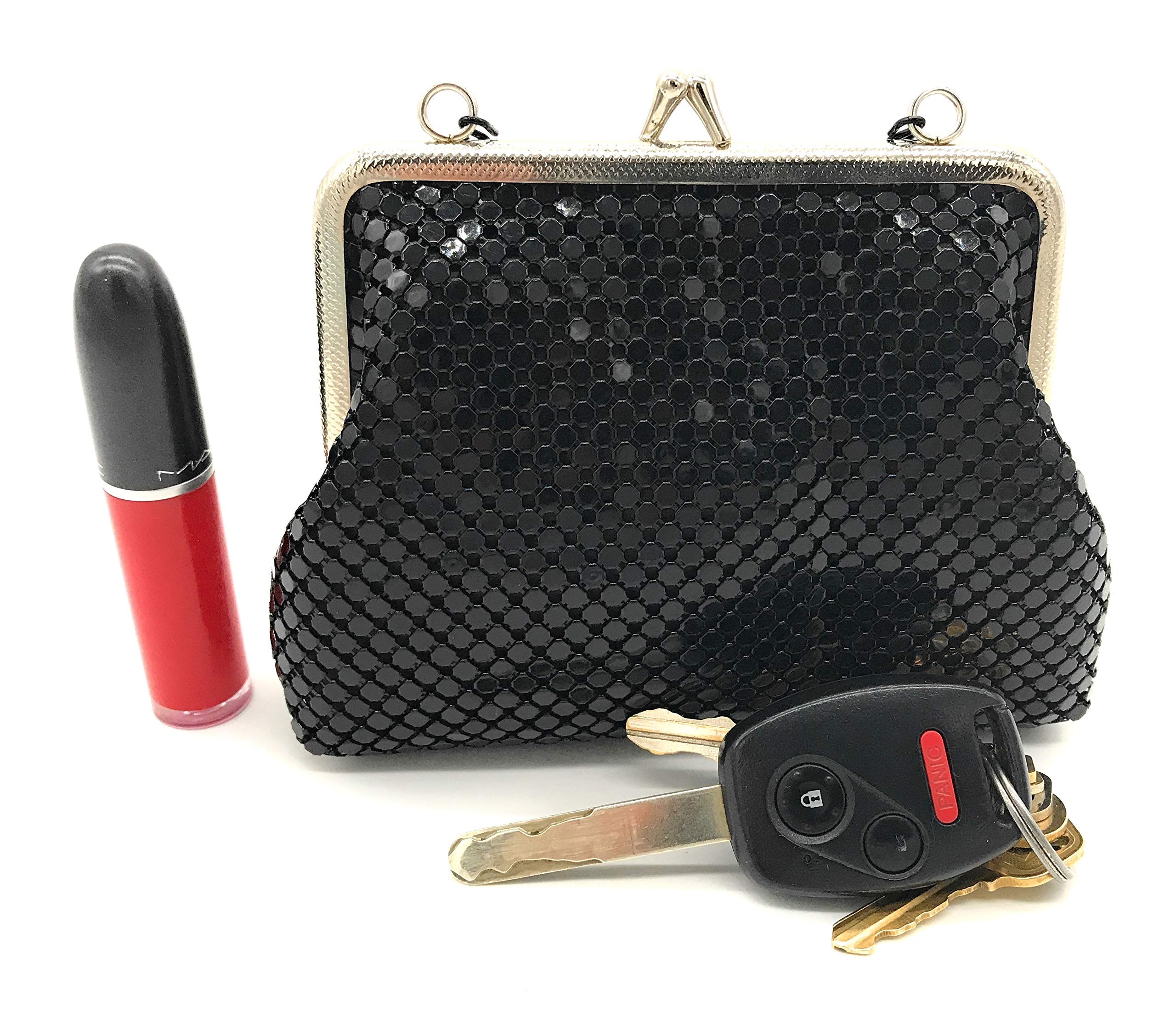 X-Small Women clutch metal mesh purse Hand strap carry for Cocktail Party Prom Wedding Banquet (Black)