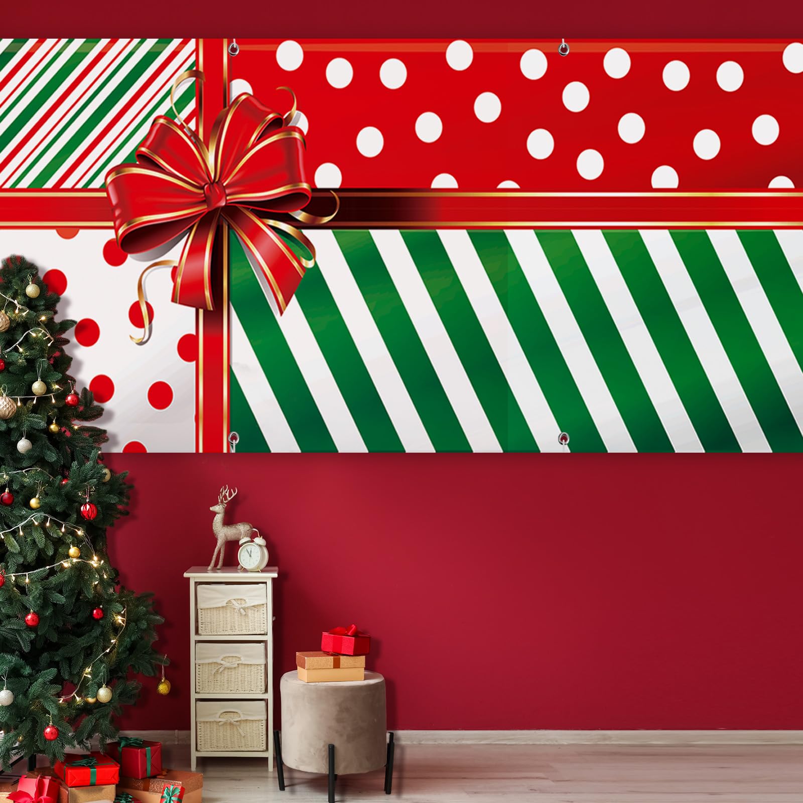 Wovweave Christmas Banners Merry Box Outdoor Wall Cover Decorations Hanging Backdrop Banner for New Year Mural Winter Holiday Party Background Supplies