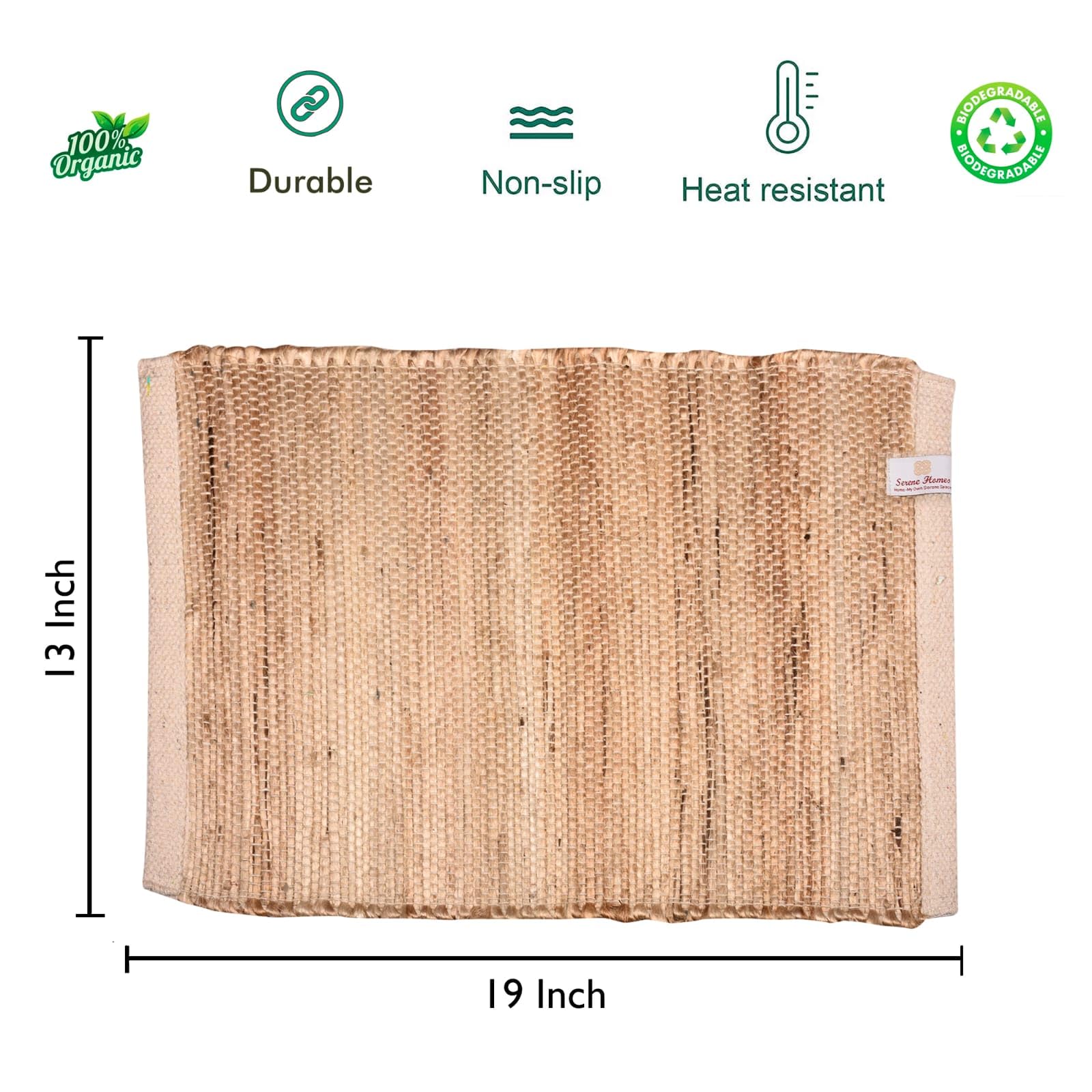SereneHomes Jute Hand Woven Placemats Rectangular Set of 4 for Dining Table, Rustic Farmhouse Natural Kitchen Runner, Reversible, Heat Resistant Non-Slip Perfect for Indoor Outdoor: 13"x19"