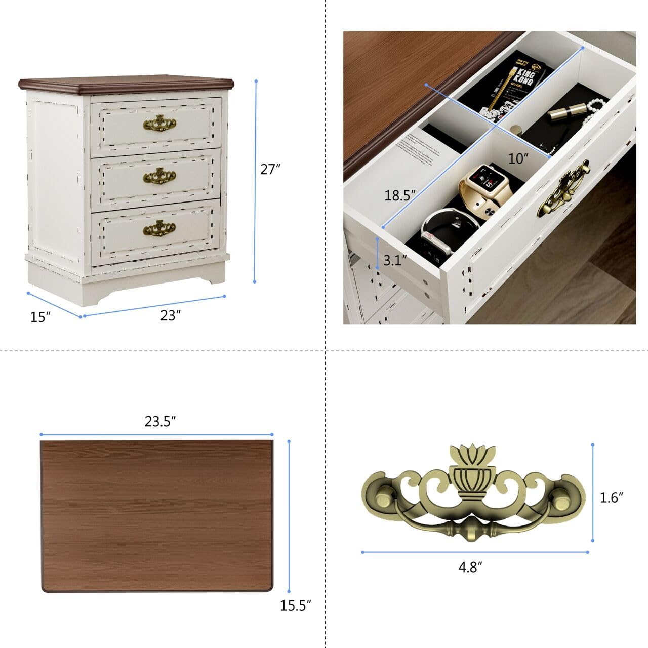 Set of 2 Antiqued Two-Tone 3 Drawer Nightstand, Side End Table Bedside Table with USB and Distressed Finish, 23.5 Inch Vintage Bedside Table for Bedrooms, Living Room