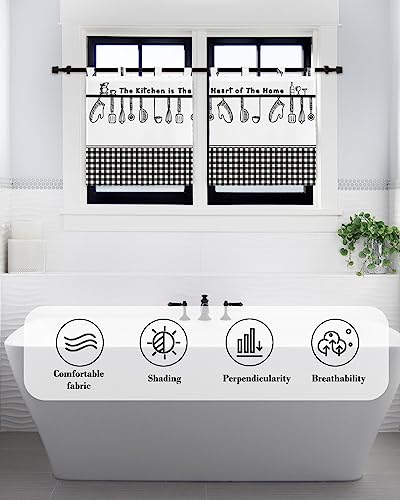 Tab Top Window Curtain,Kitchen Cooking Utensil Black White Checker Tier Curtains Panels Kitchen Valance 2 Drapes,Heart of Home Quotes Light Filtering Window Treatment for Bathroom Bedroom Cafe