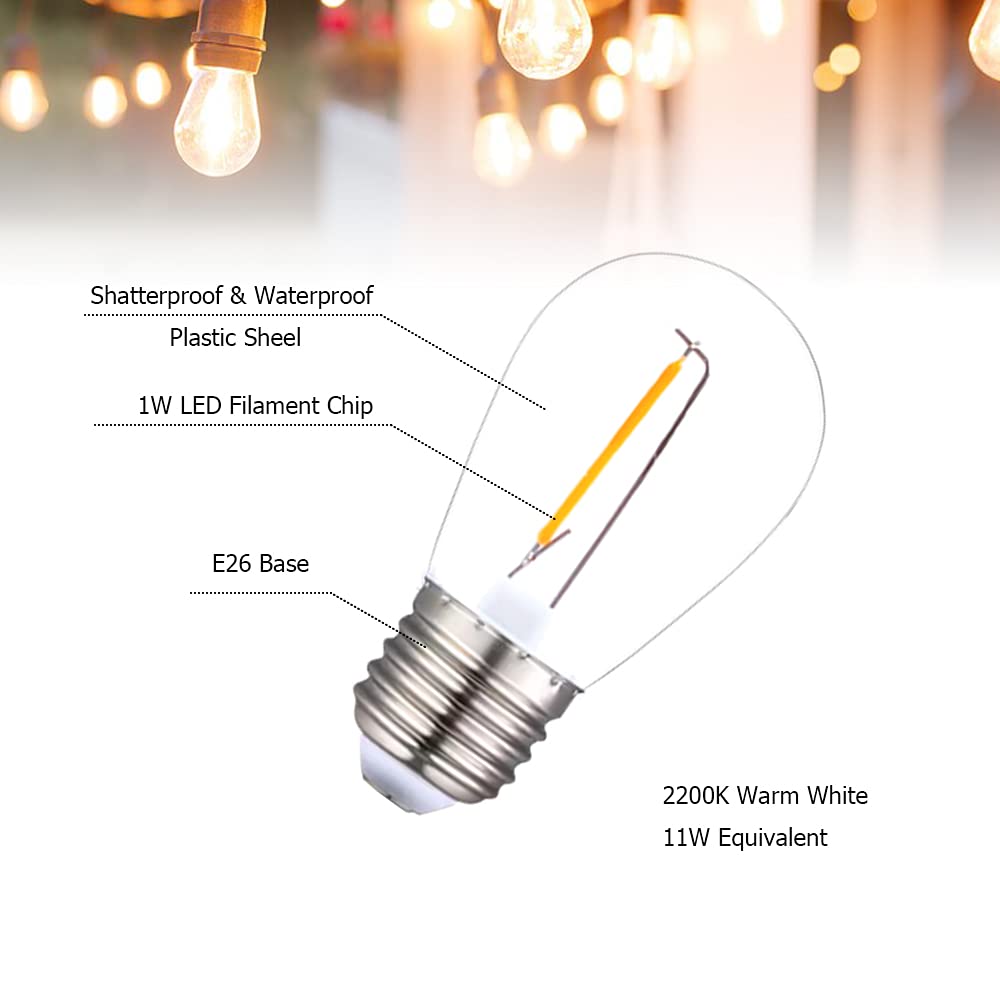 Wamarin 24 Pack LED S14 Replacement Light Bulbs, 1W(11 Watts Equivalent) 2200K Warm White, CRI80, Shatterproof Waterproof Outdoor Patio Light Bulb, E26 Base, Non-dimmable