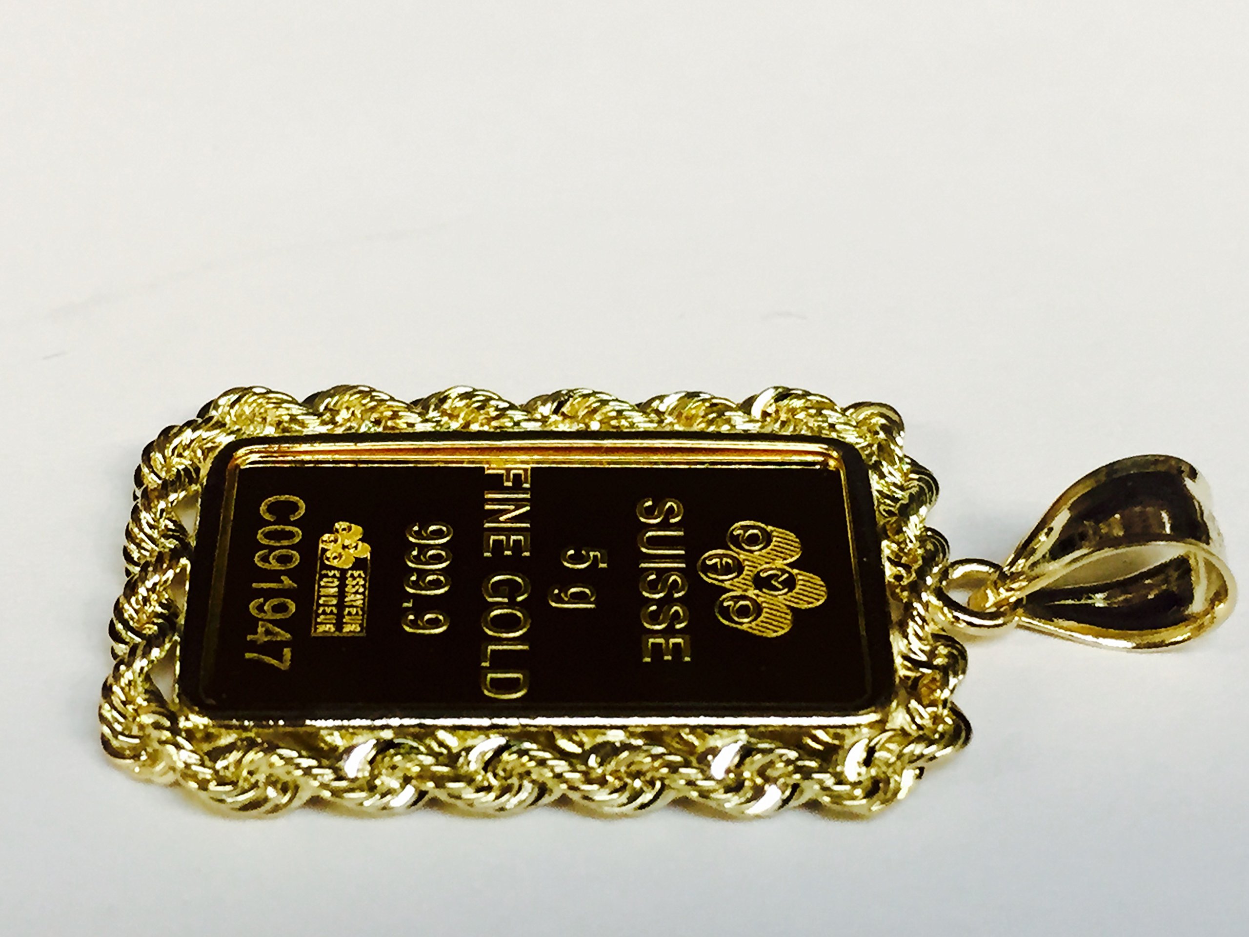 TEX 14k Yellow Gold Bullion Rope Pendant, 5gr Ingot Coin, Approx 1.2g
