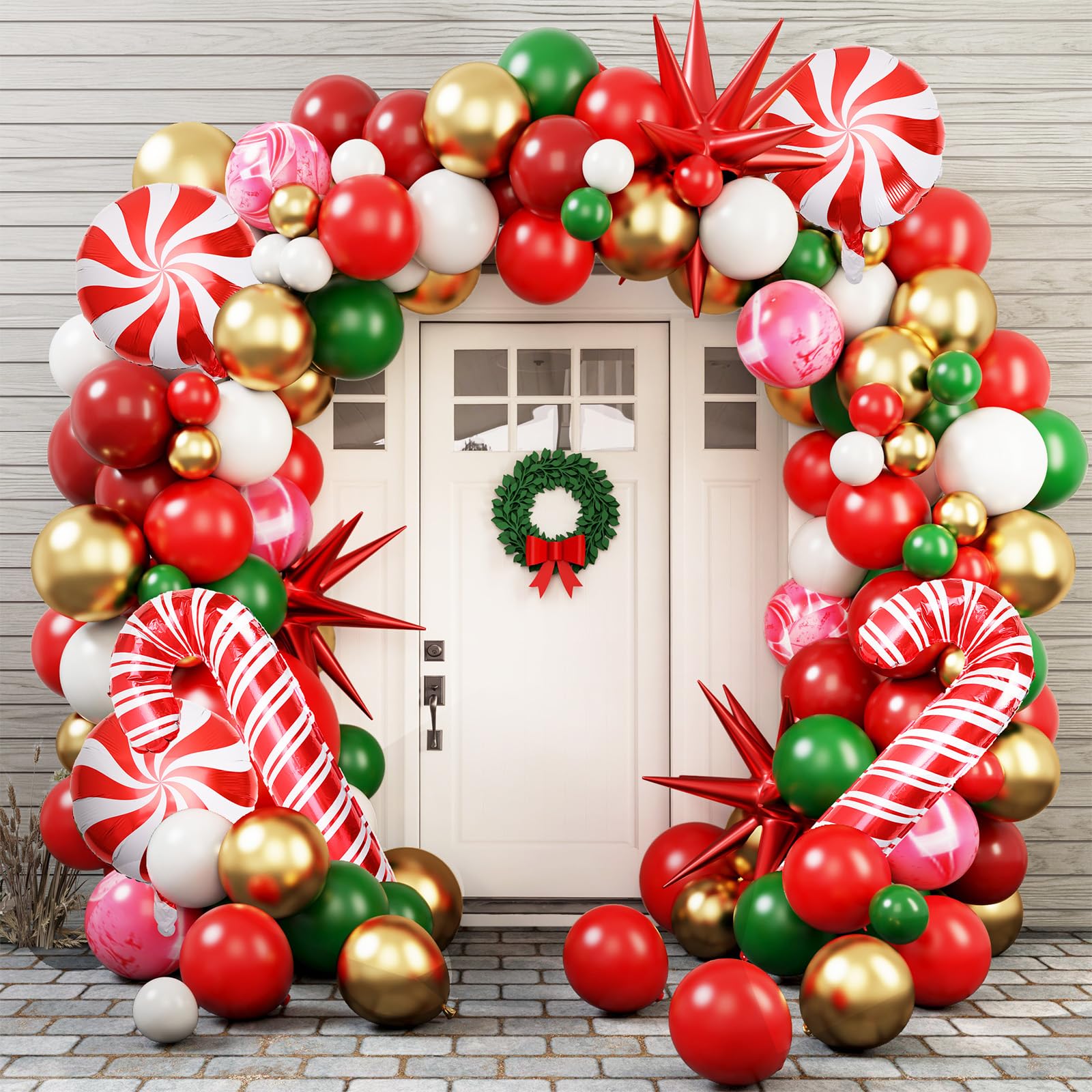 RUBFAC Christmas Balloon Garland Arch Kit 181pcs Red Green White Metallic gold Party Decorations Balloons with Candy Exploding Red Star for Christmas Holiday Winter Party Decorations New Year Decor