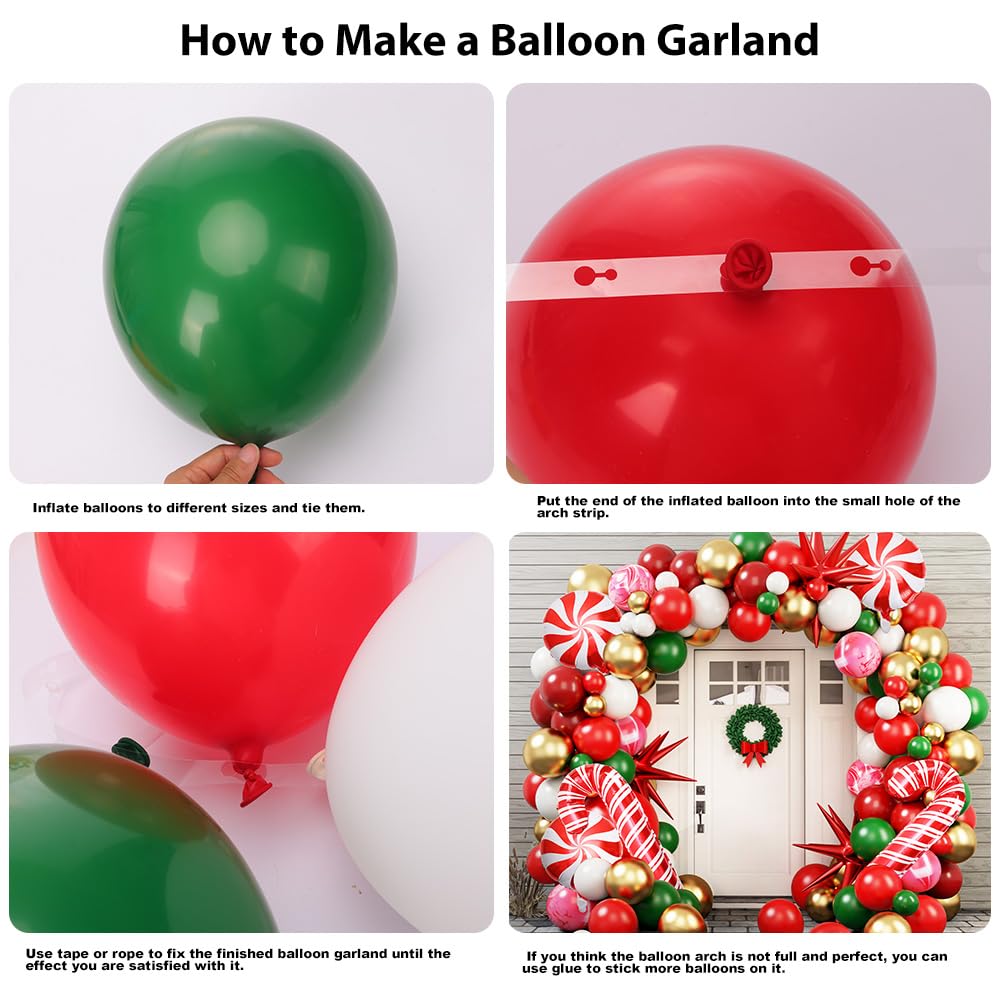 RUBFAC Christmas Balloon Garland Arch Kit 181pcs Red Green White Metallic gold Party Decorations Balloons with Candy Exploding Red Star for Christmas Holiday Winter Party Decorations New Year Decor