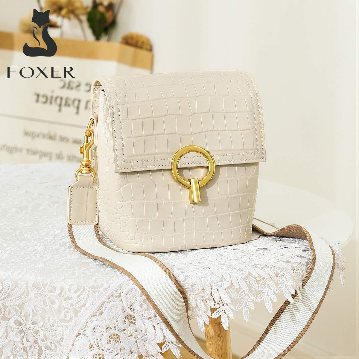 Women Shoulder Bag Genuine Leather Handbag Crossbody Crocodile Pattern Designer Mini Bags (White)