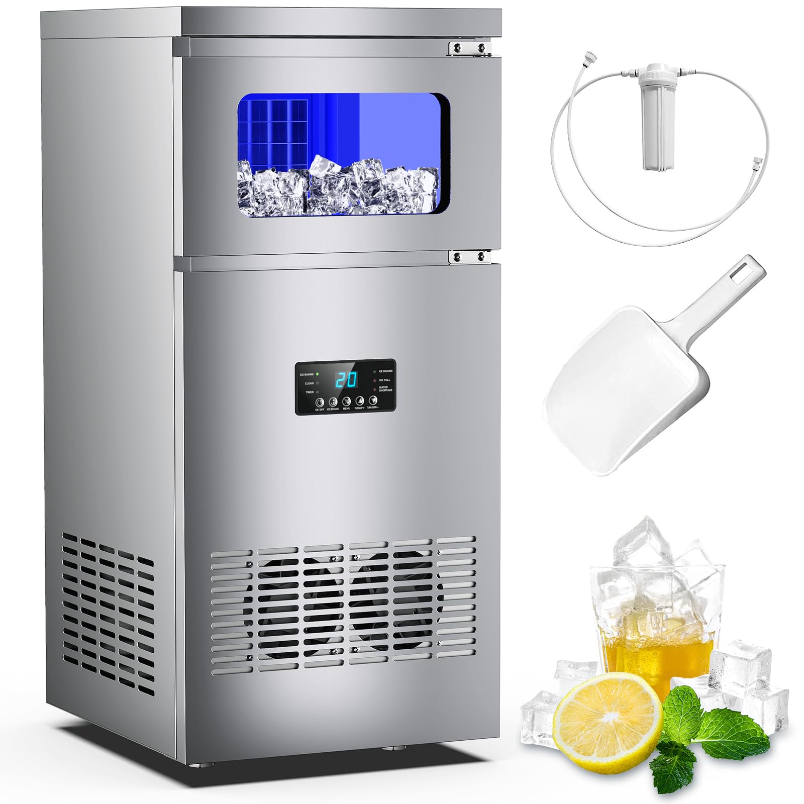 Pro Commercial Ice Maker Machine, 150lbs/24H Under Counter ice Machine with 36lbs Ice Storage Capacity, 50 Ice Cubes Stainless Steel Freestanding Ice Maker, Intelligent Operation, Automatic Cleaning