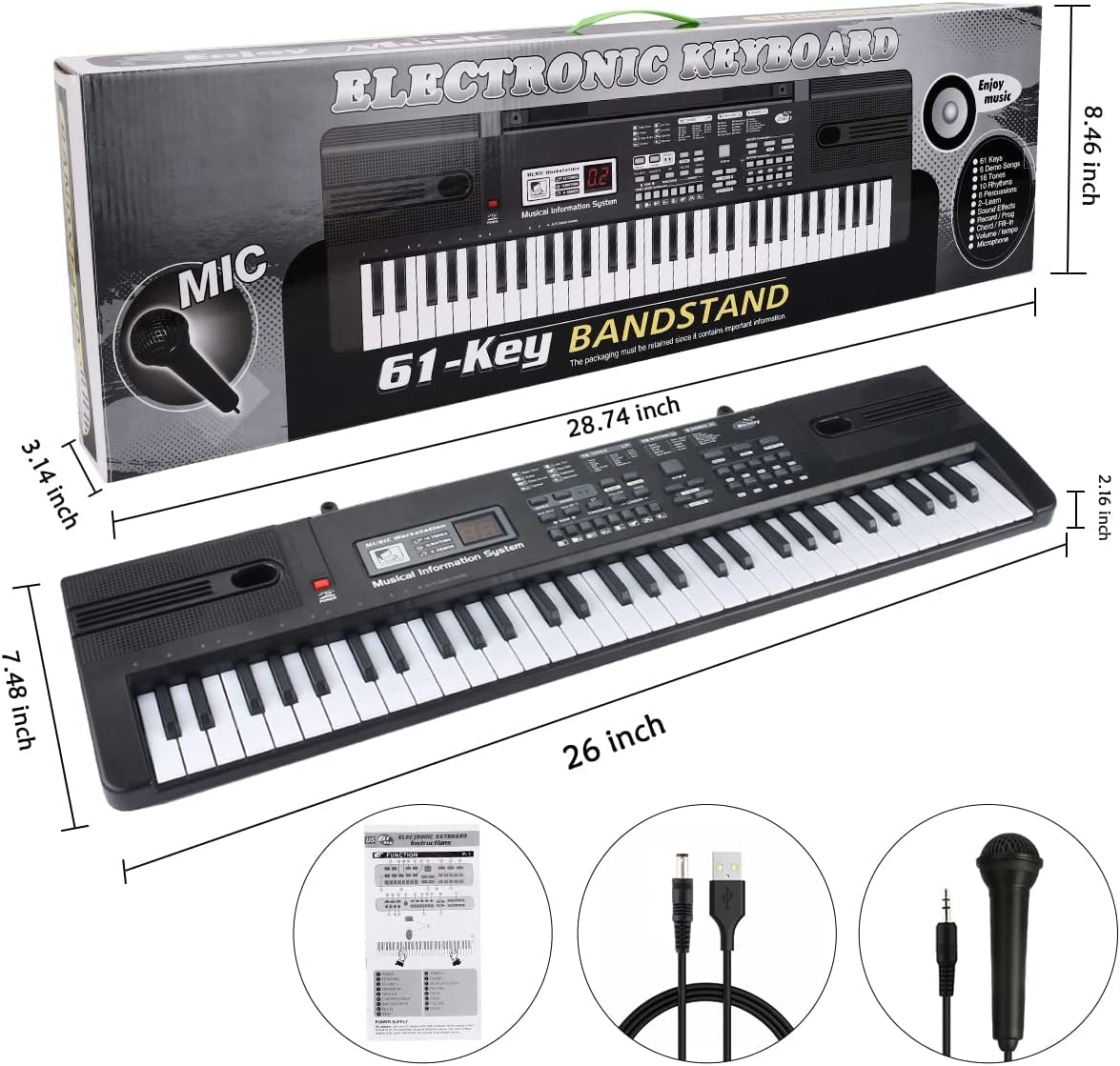 WOSTOO Kids Piano Keyboard, 61 Keys Multi-Function Electronic Keyboard Educational Toy, Rechargeable Portable Piano with Microphone Musical Instrument for Kids Beginners Girls Boys