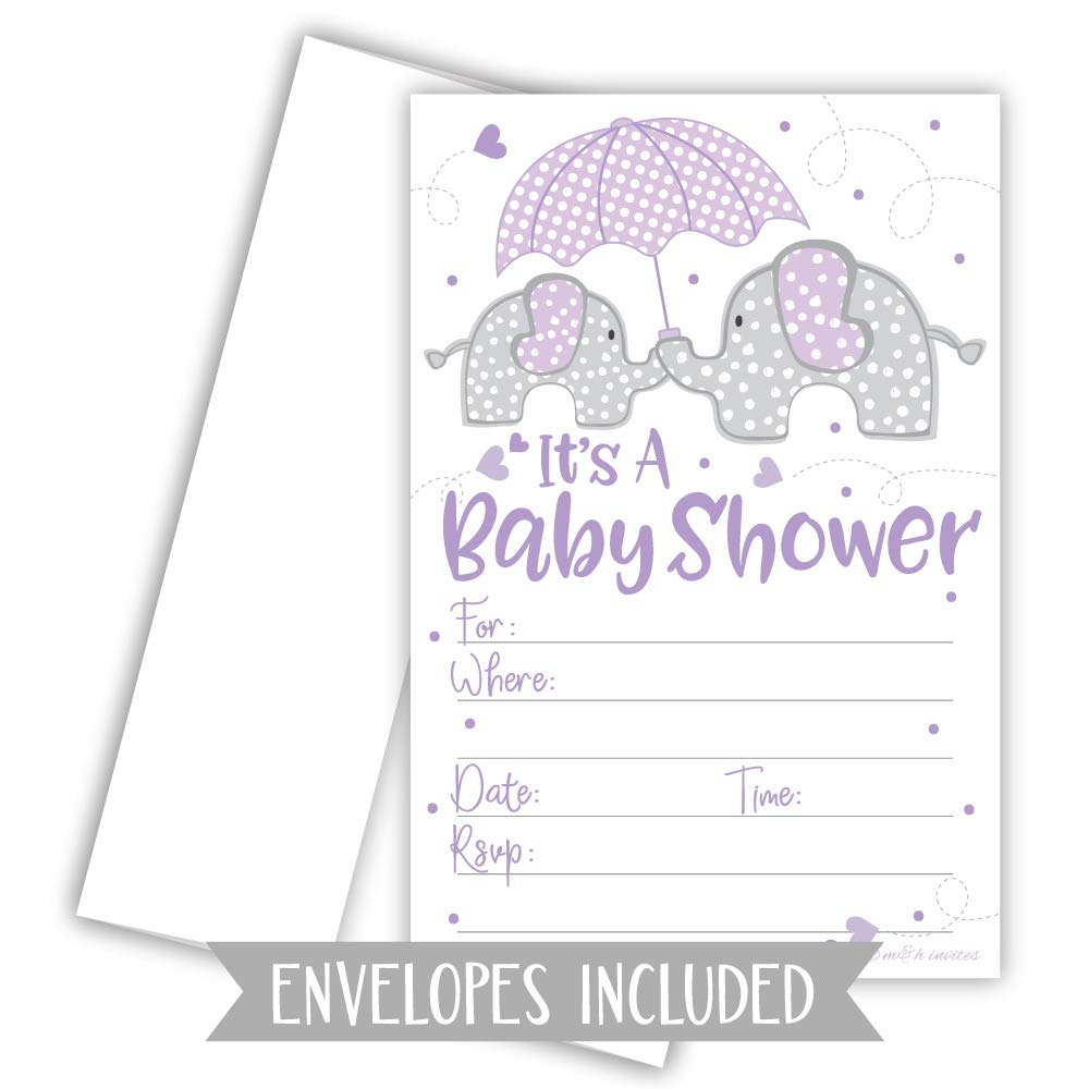 Purple Elephant Girl Baby Shower Invitations (20 Count) with Envelopes
