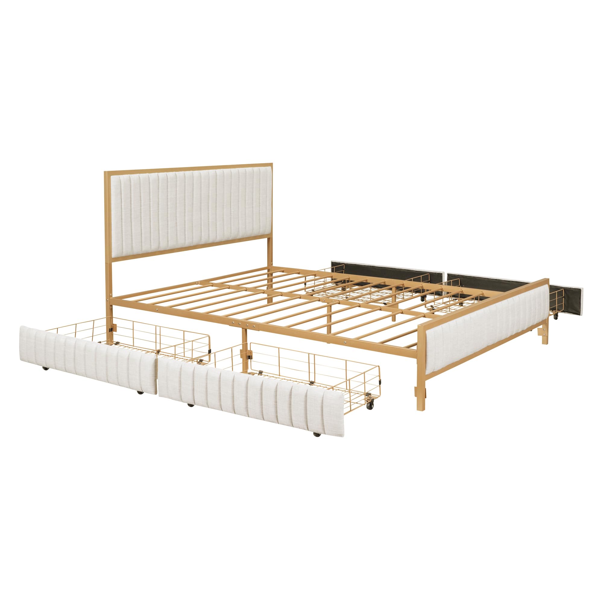 SIYSNKSI Queen Size Metal Frame Upholstered Bed with 4 Drawers, Linen Fabric Platform Bed with Metal Slats Support and Headboard, Storage Platform Bed for Kids Teens Bedroom (Beige + Linen-39)