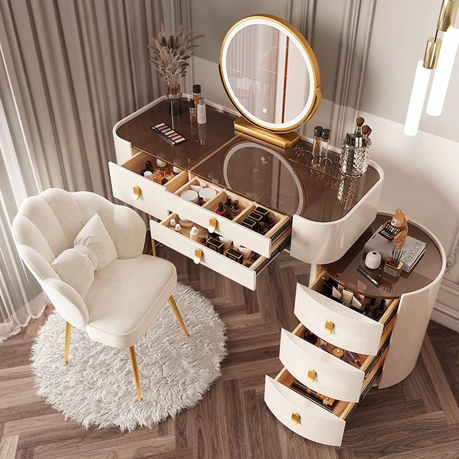 SAAKO Gorgeous Vanities Vanity Desk with Led Mirror Dressing Table Glass Top Nightstand with Makeup Chair Makeup Vanity 3 Drawers Vanity Table Set Elegant Design