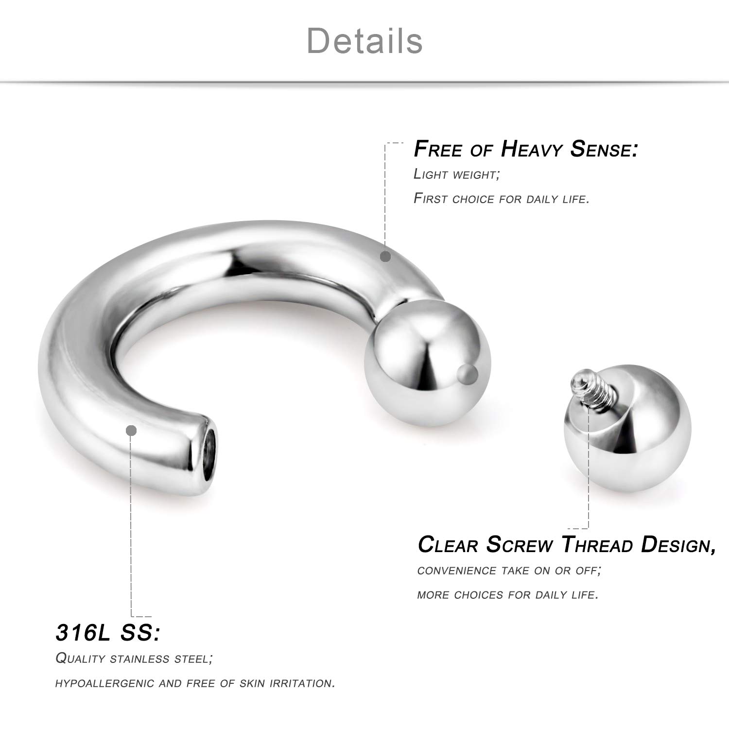 SCERRING 2PCS 2G PA Ring Internally Threaded Circular Barbells Horseshoe Monster Screwball Rings 316L Surgical Steel Pierced Body Jewelry Inner Diameter 12mm 16mm