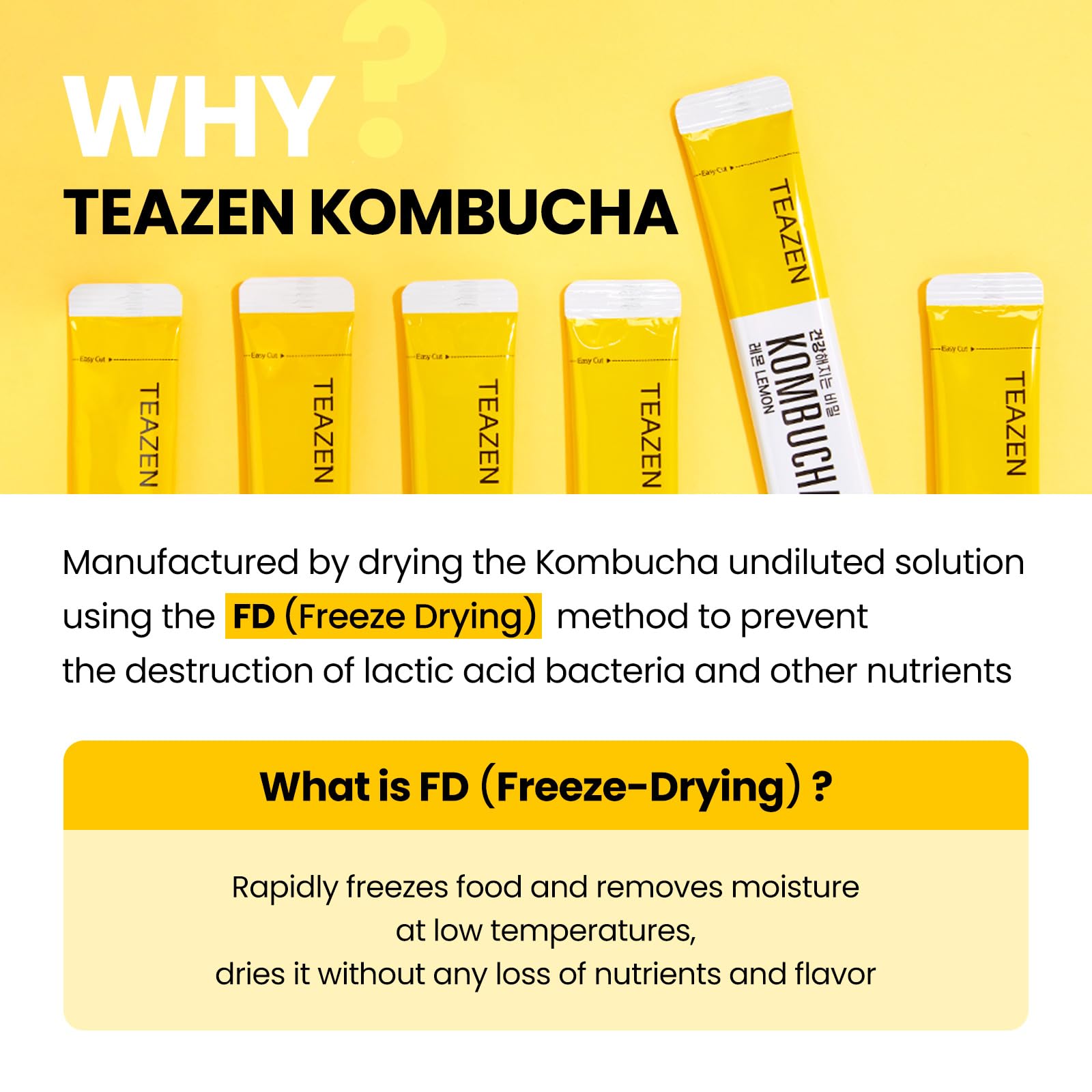 TEAZEN Lemon Kombucha Tea, Live Probiotics & Postbiotics, Relaxation and Warmth for Colds and Sore Throat, Zero Sugar, Low Caffeine, Fermented Kombucha Powder from Korea, 30 Sticks, 5.29oz
