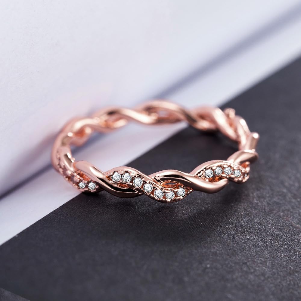 XIALV Rose Gold Plating Twist Braided Knot Ring Band CZ Cubic Zirconia Stackable Rings Diamond Eternity Promise Thin Rings for Women (US code 10)