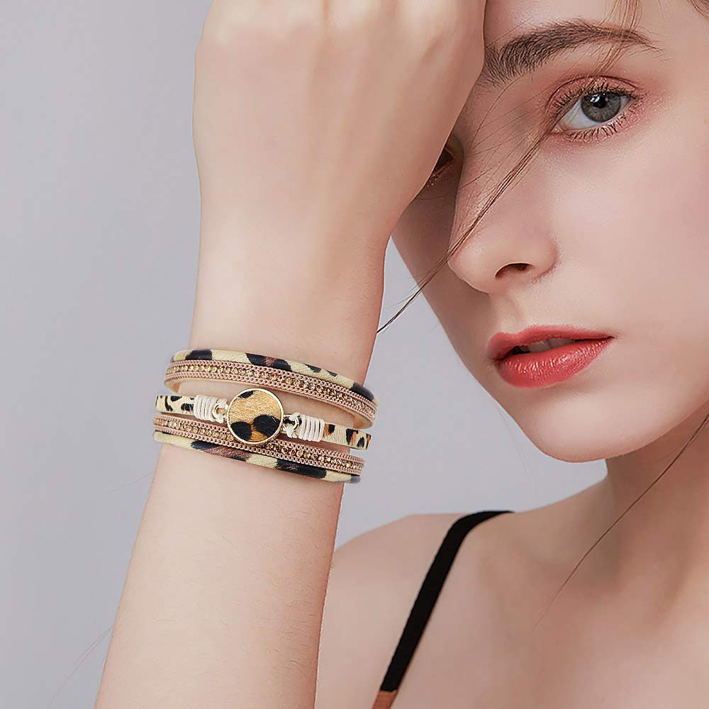 Wovanoo Leopard Leather Wrap Bracelets for Women Multilayer Cuff Bangle with Magnetic Buckle Gift for Birthday, Mother's Day, Valentine's Day Round Buckle