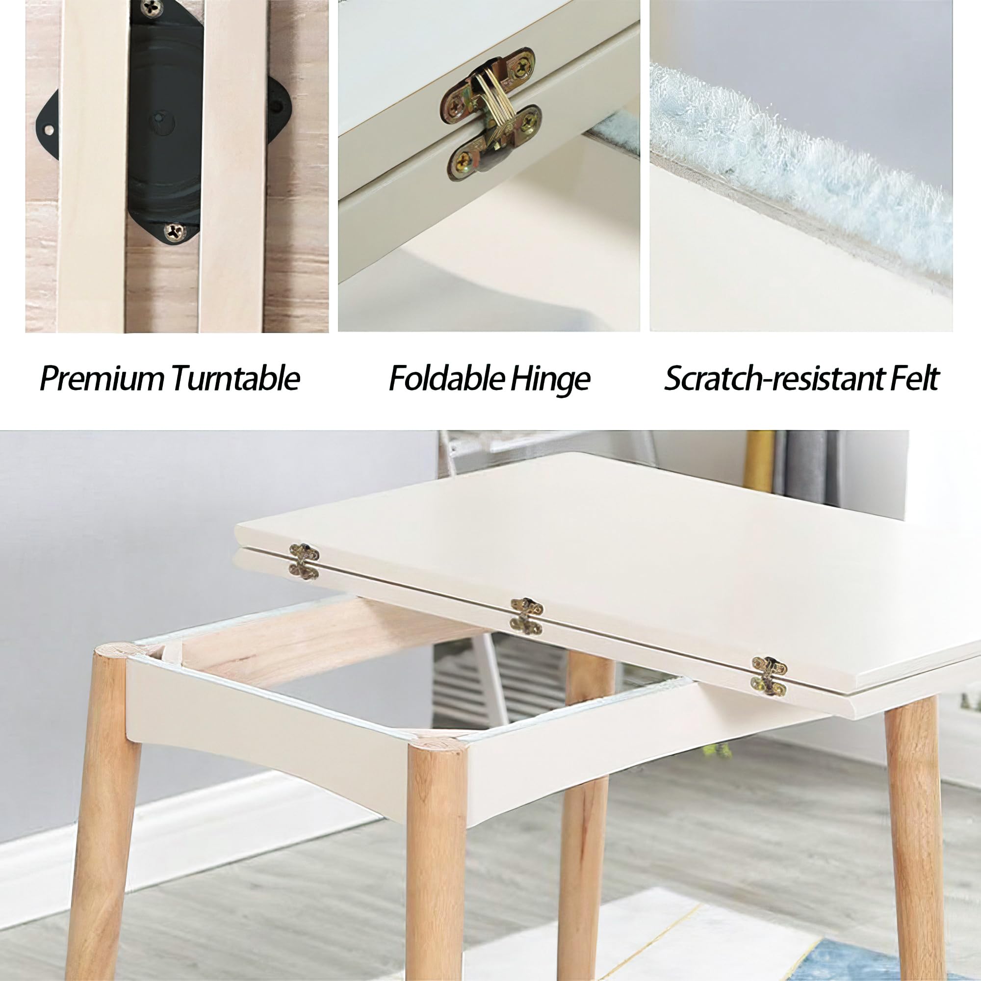 Rukulin 47" Multifunctional Wooden Foldable Dining Table with Thai Oak Legs, Modern Space Saving Kitchen Table for Living Room (White, 47" W x 35.4" D x 29" H)
