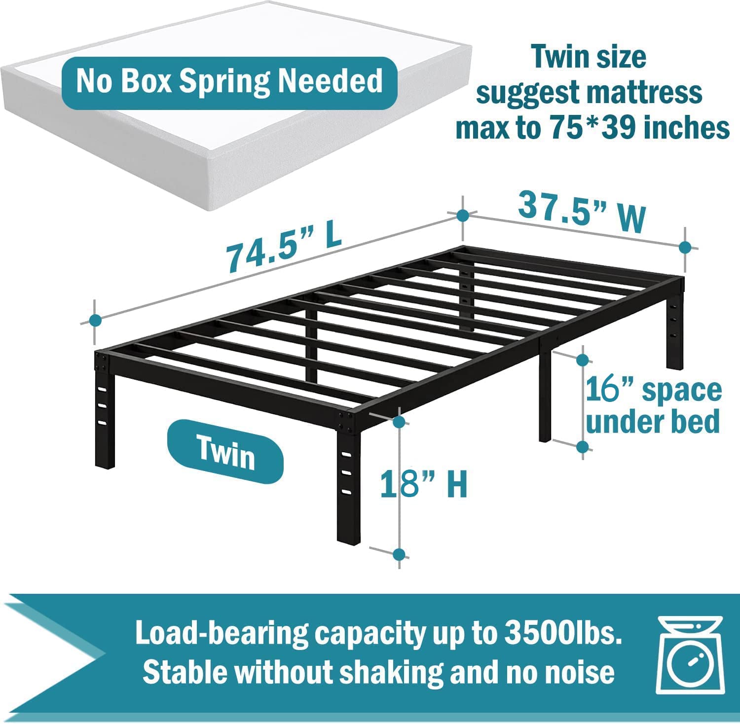 OmiNight Twin Bed Frame 18 Inch Tall Metal Frames 3500lbs Heavy Duty Steel Slat Support Platform No Box Spring Needed Easy Assembly-Black…
