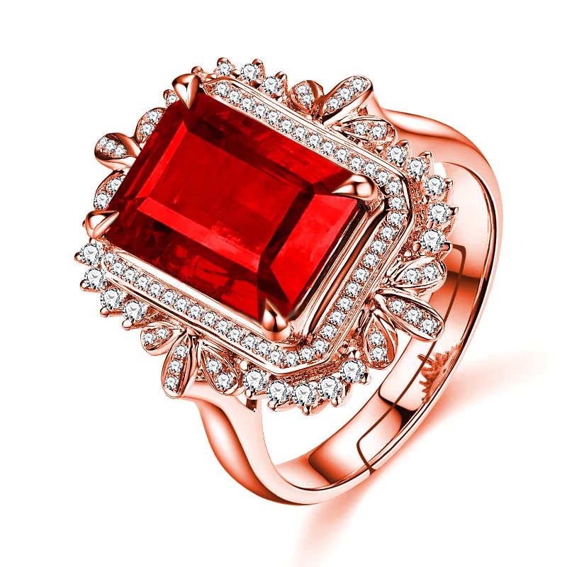 Uloveido Rose Gold Plated Emerald Cut 5 CT Simulated Ruby Ring, Adjustable Red CZ Birthstone Rings Wedding Engagement Rings Women Y988
