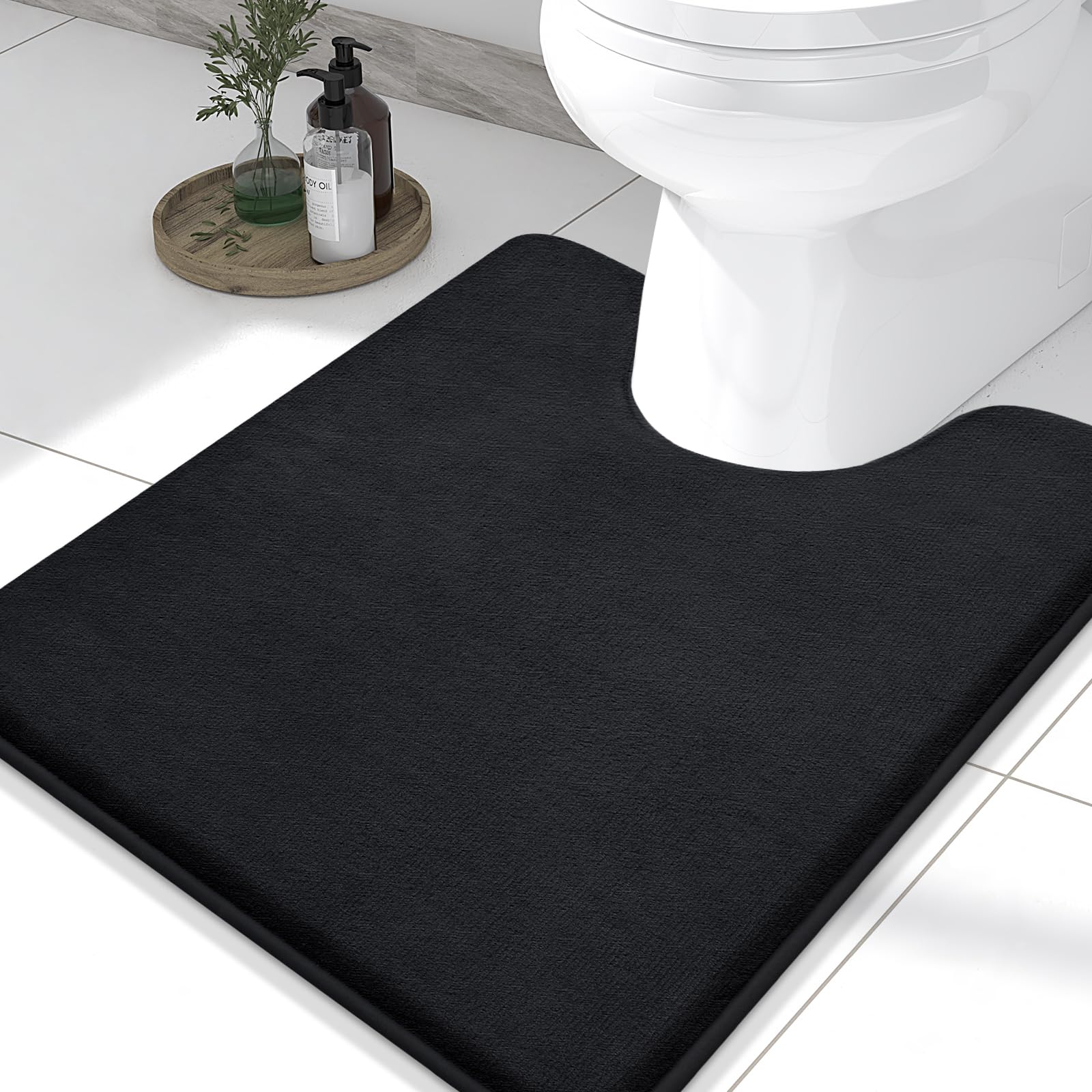 smiry Memory Foam U-Shaped Toilet Bathroom Rugs, Extra Soft Absorbent Non-Slip Contoured Rugs, Machine Washable Contour Bath Mats for Bathroom Toilet, 24" x 20", Black