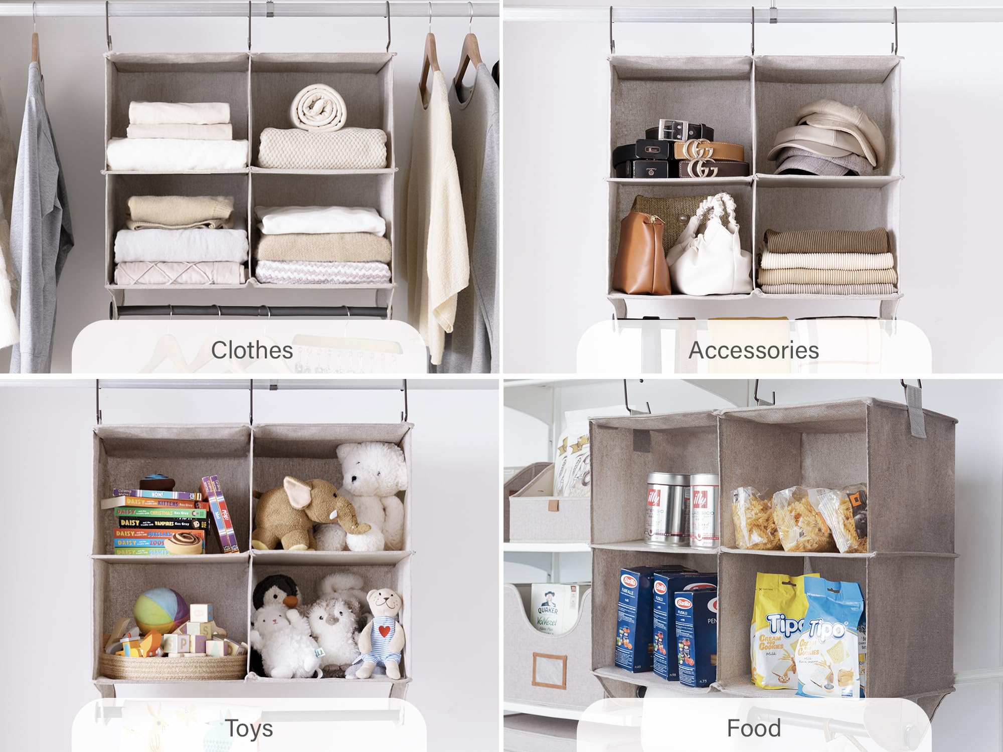 StorageWorks Hanging Closet Organizer with Garment Rod, 4 Section Closet Hanging Shelves, Hanging Clothes Cube Organizer, Mixing of Brown & Beige, 12 ¼" D x 24 ½" W x 28" H