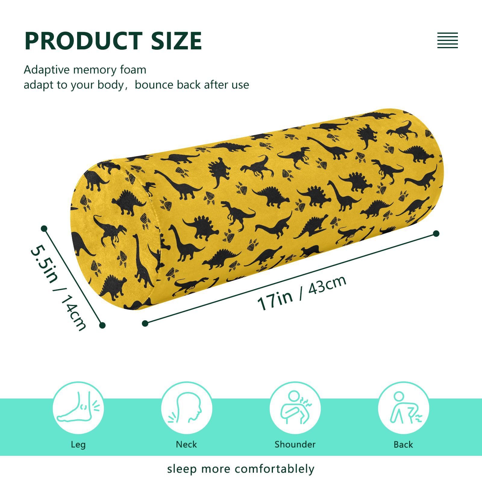 Vnurnrn Yellow Dinosaur Neck Support Pillow Round Neck Roll Bolster Cylinder Pillow Cervical Pillows Neck Roll Pillow for Leg Knee Back Head Support for Bedroom Camp Work Women Men
